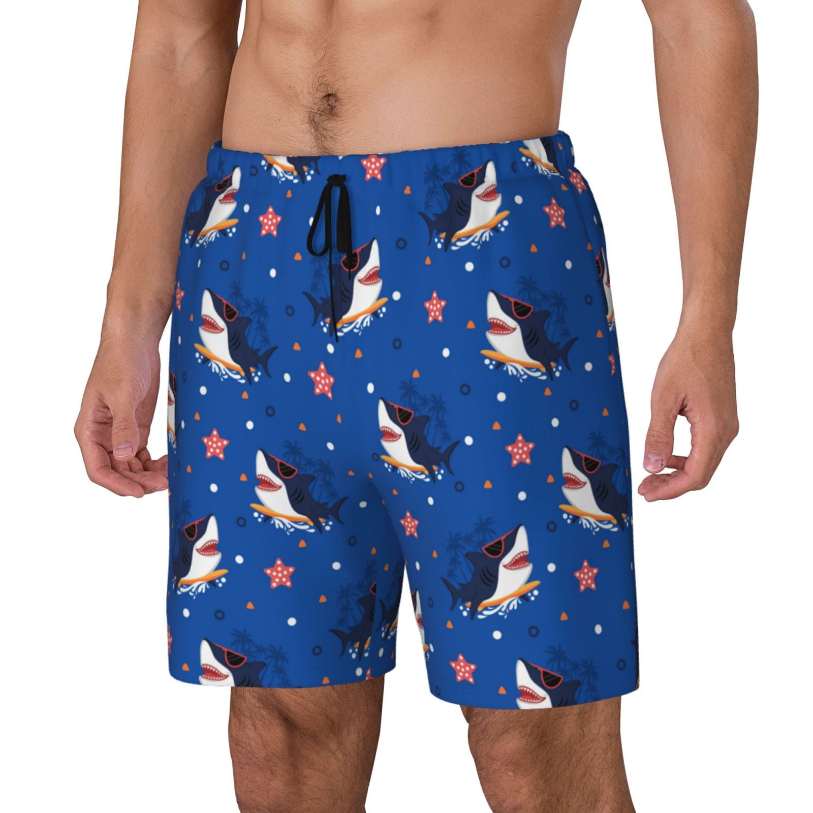 Junzan Cute Shark Cartoon Print Swim Trunks Men Swim Shorts with Built ...