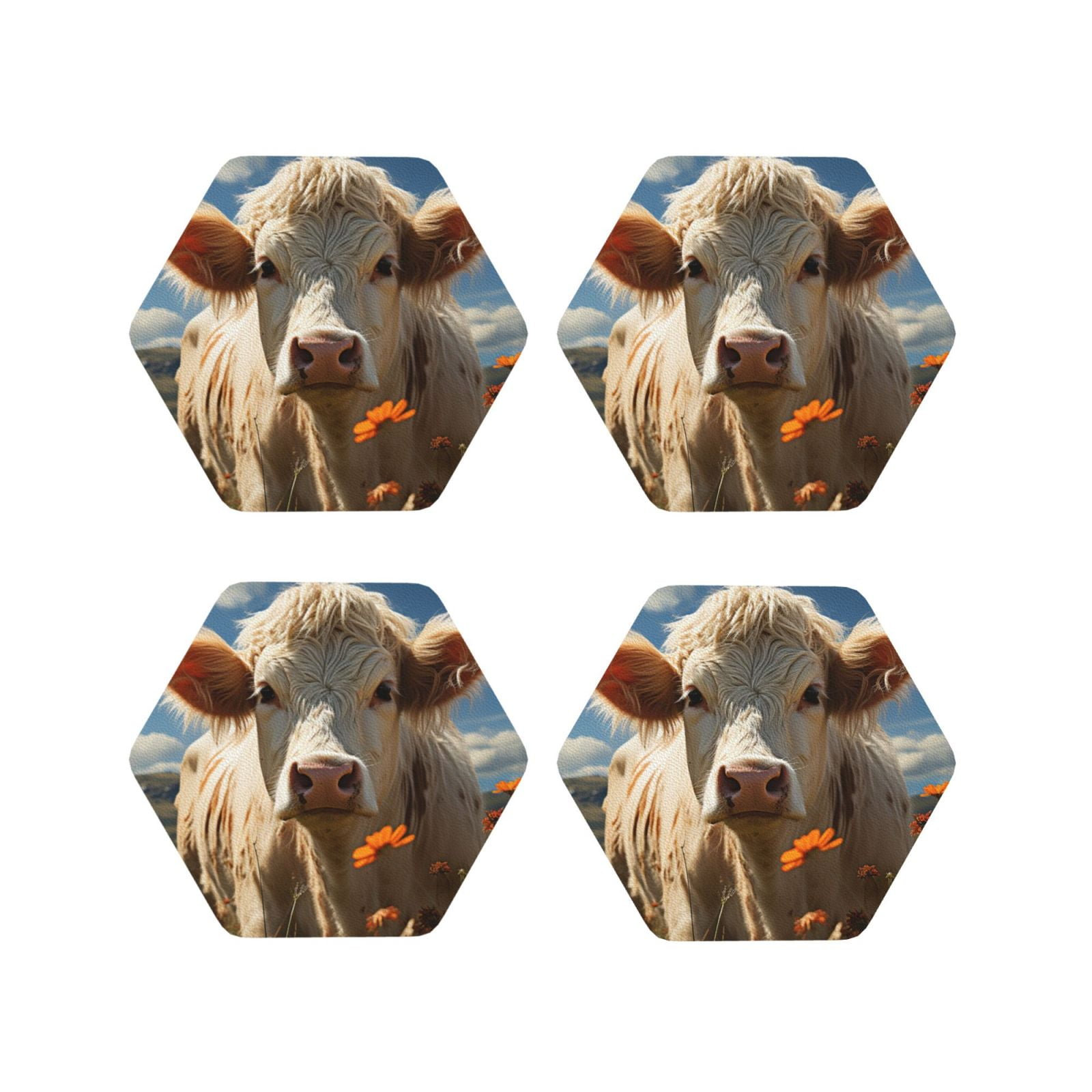 Junzan Daisy Meadow Cow Print Coasters for Drinks - Leather Coasters ...