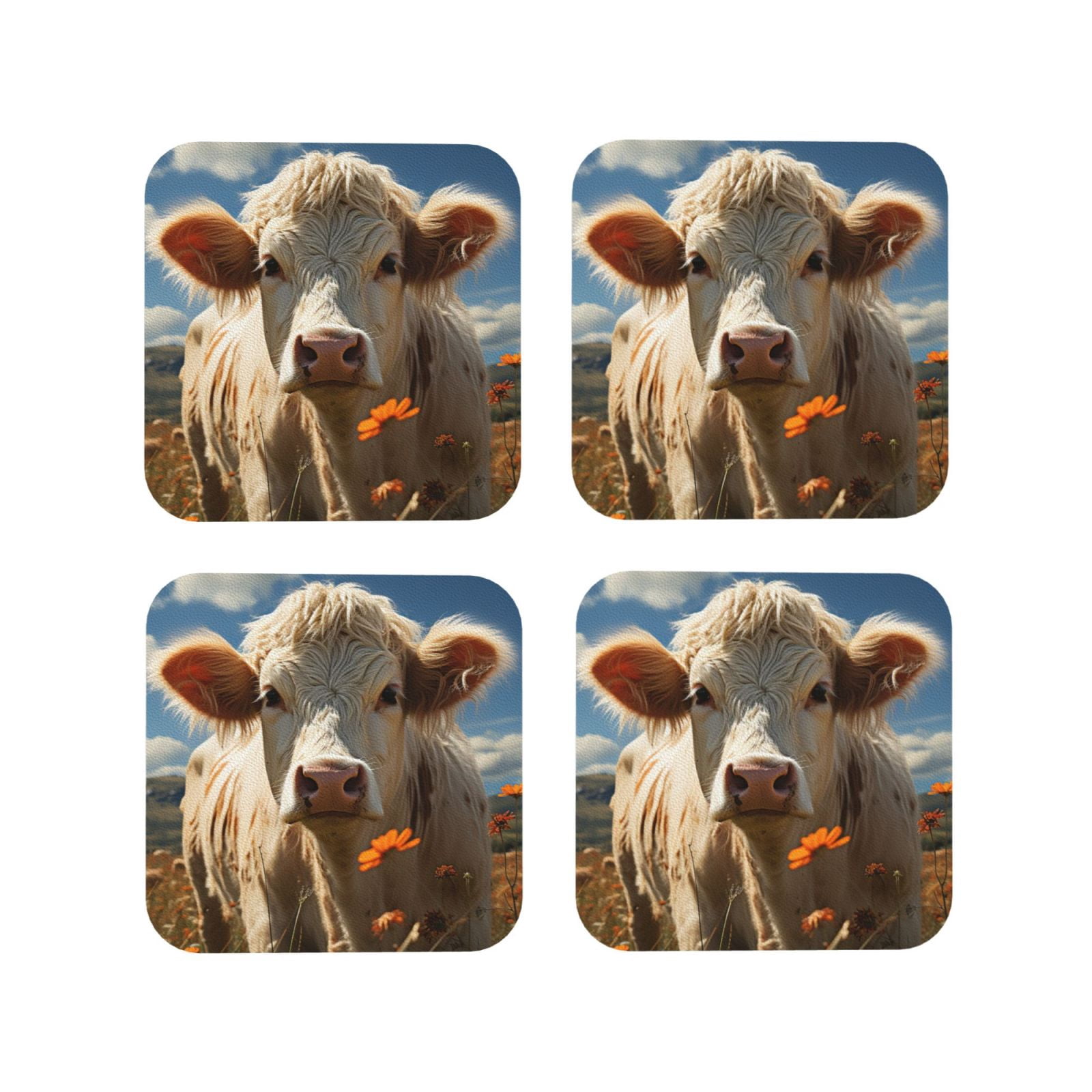 Junzan Daisy Meadow Cow Print Coasters for Drinks - Leather Coasters ...