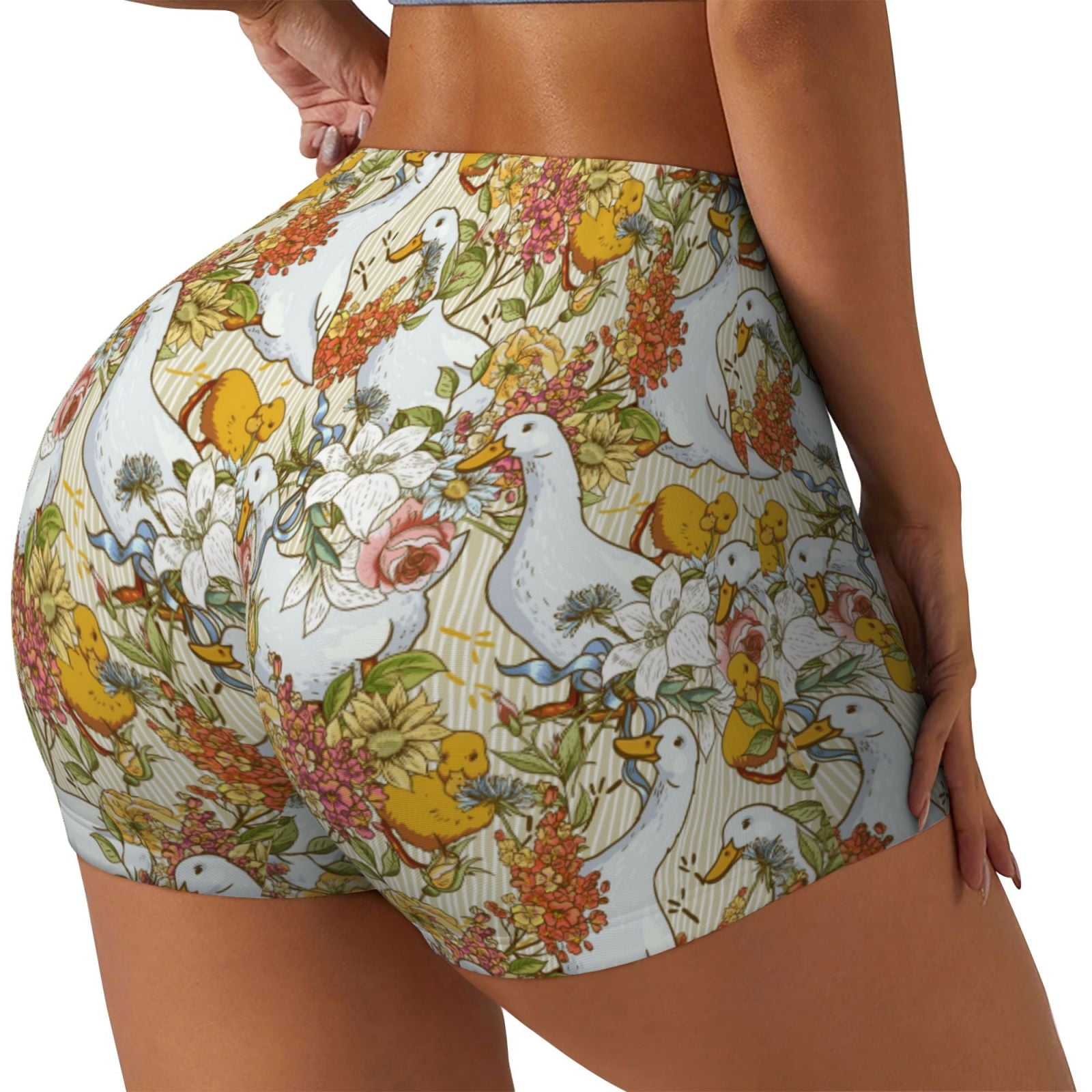 Junzan Ducks and Flowers Pattern Women Workout Impact Shorts,Scrunch Short Gym Yoga Running ...