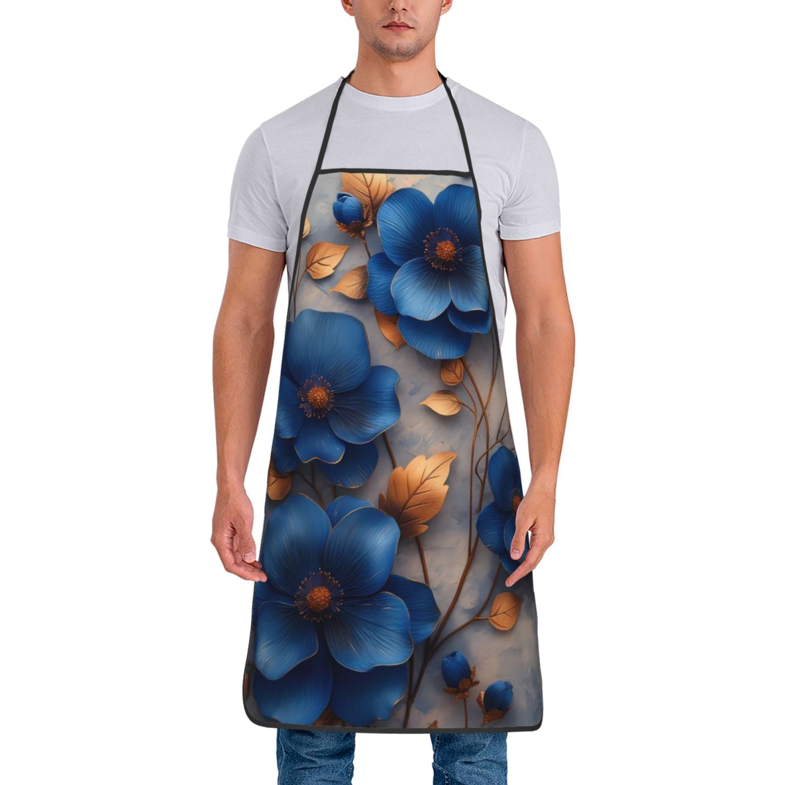 Junzan Elegant Blue Gold Blooms Print Kitchen Cooking Aprons, Chef ...