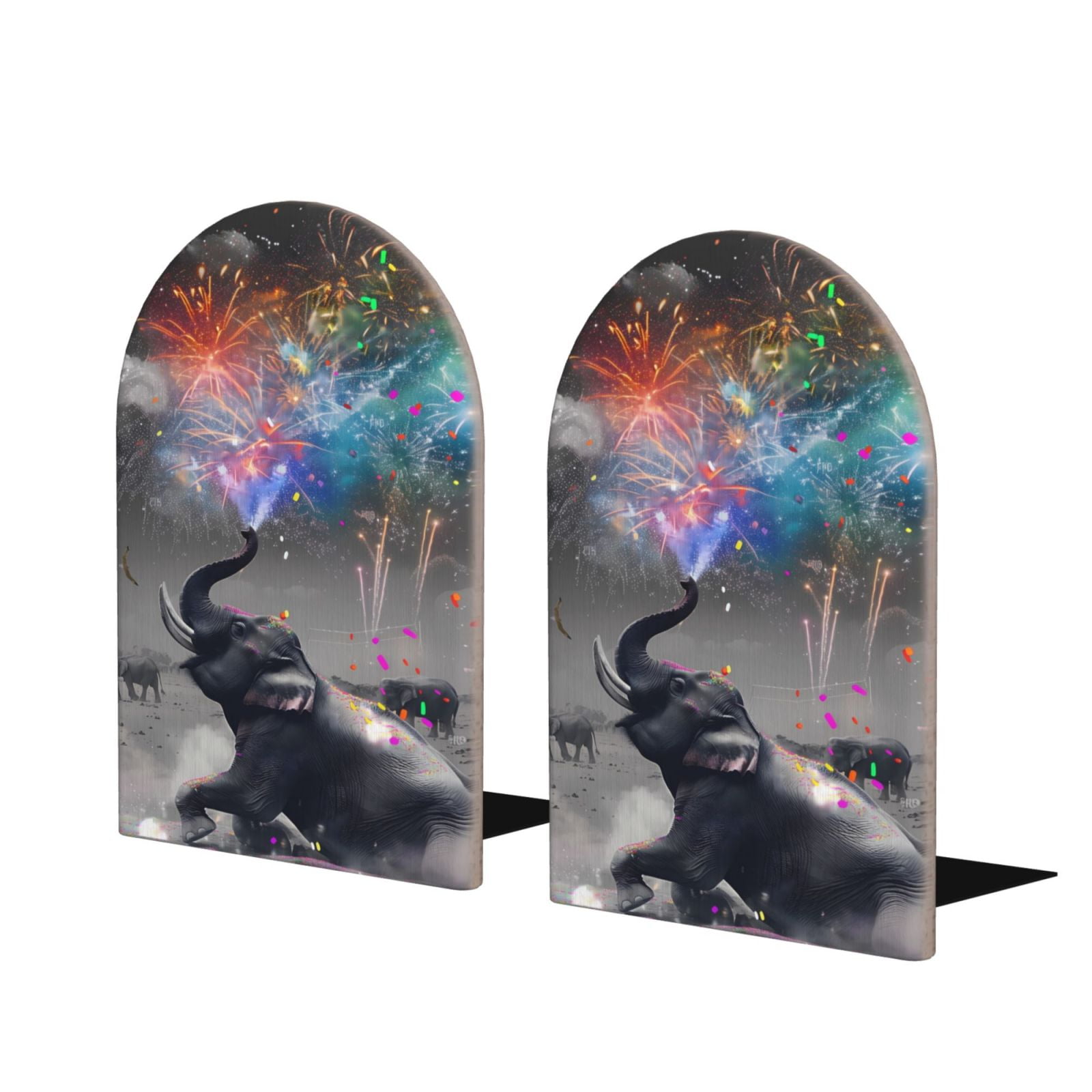 Junzan Elephant Fireworks Celebration for Wood Bookends,1 Pair Book ...