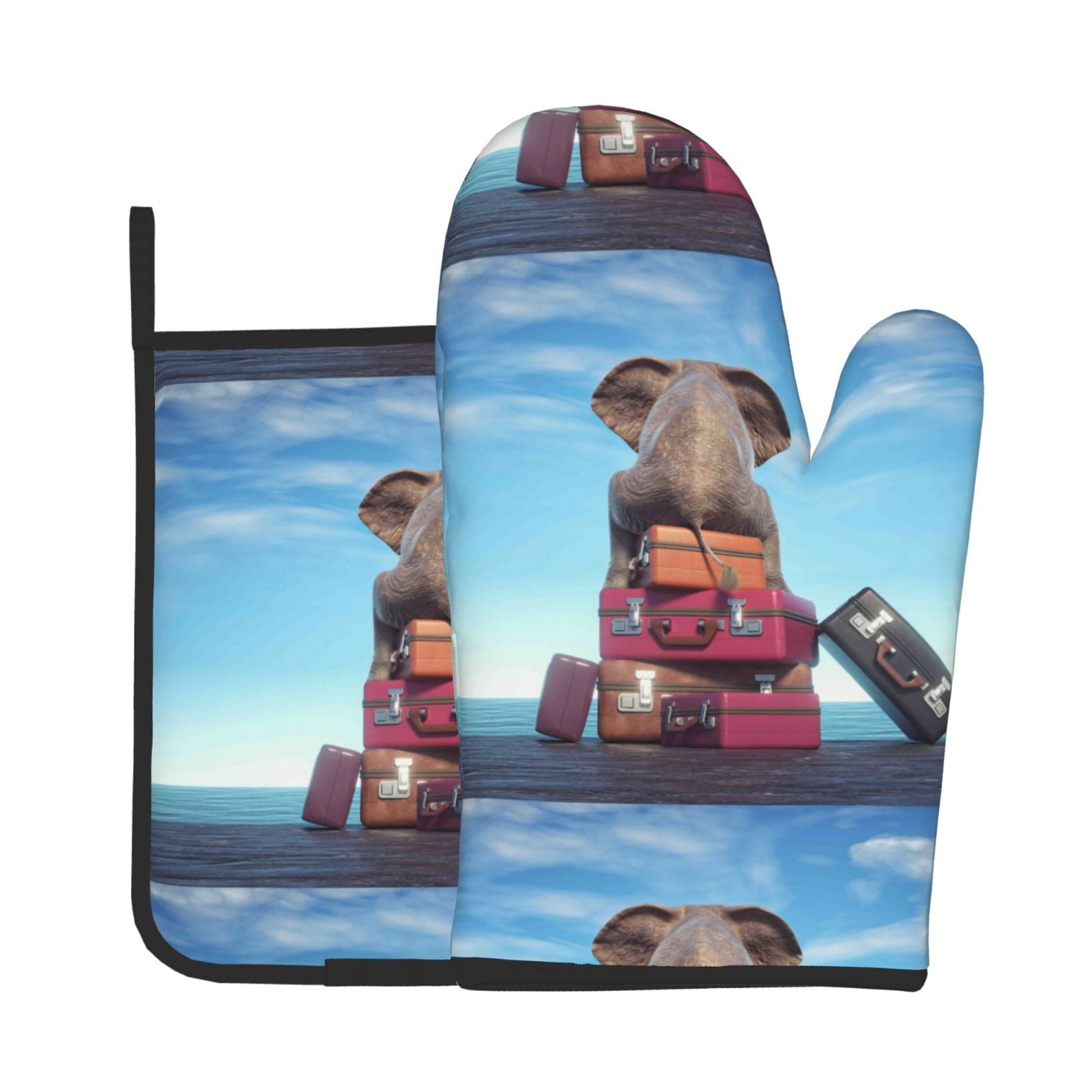 Junzan Elephant Sits Pattern Oven Mitts and Pot Holders 2 pcs Set ...