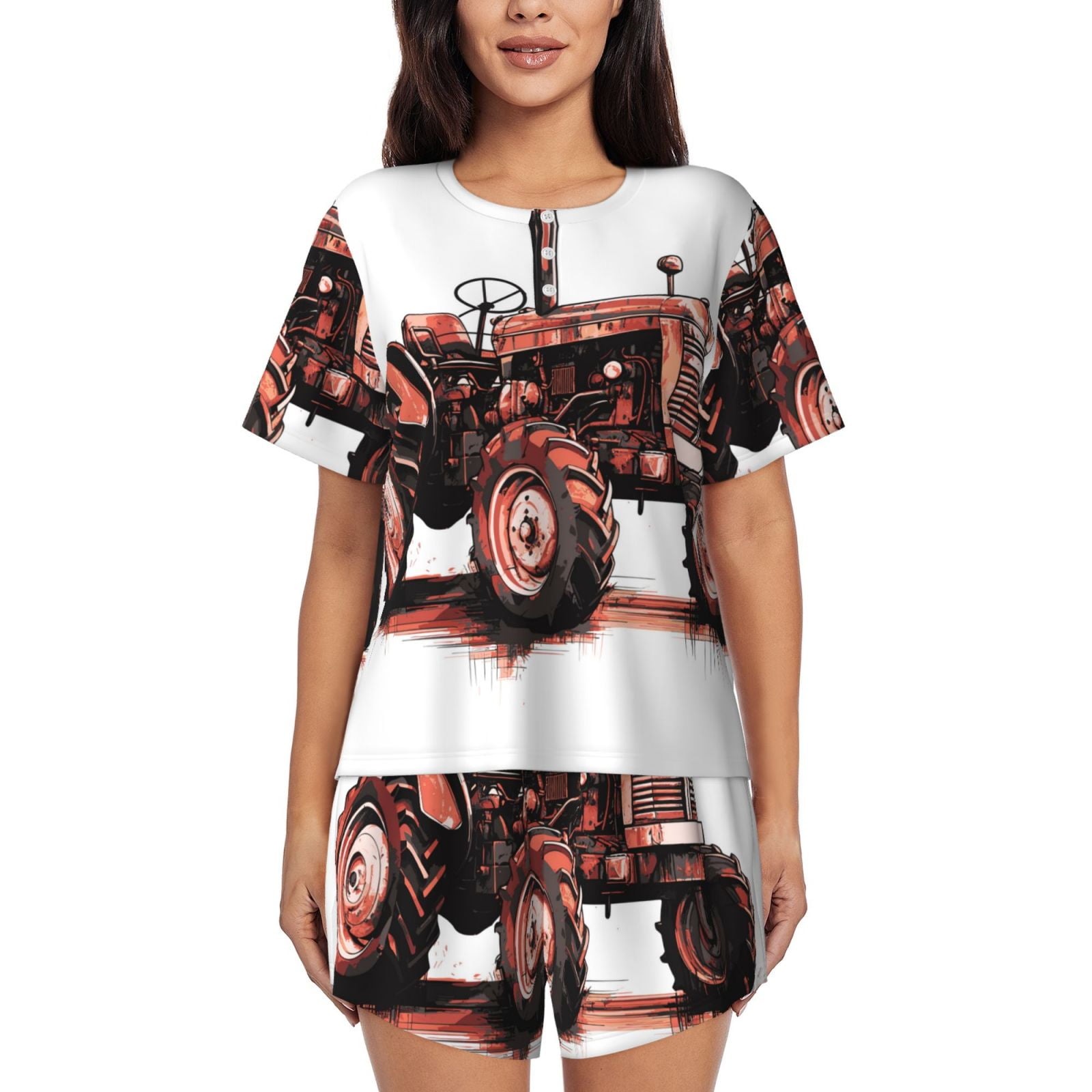 Junzan Farm Tractor Pattern Short-Sleeved Pajama Set for Women,2 Piece ...