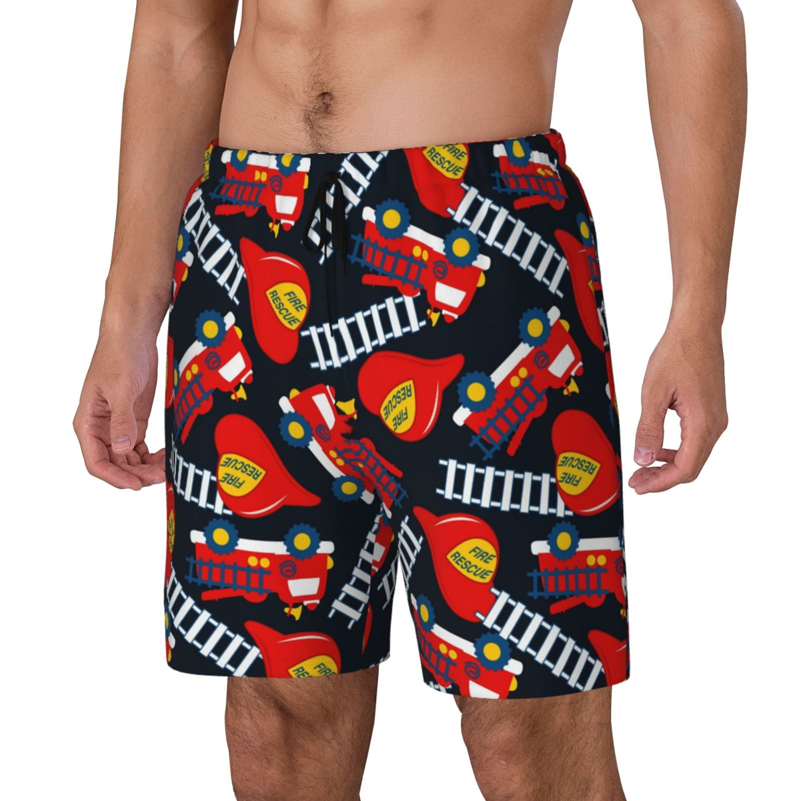 Junzan Fire Rescue With Red Helmet And Truck Print Swim Trunks Men Swim ...
