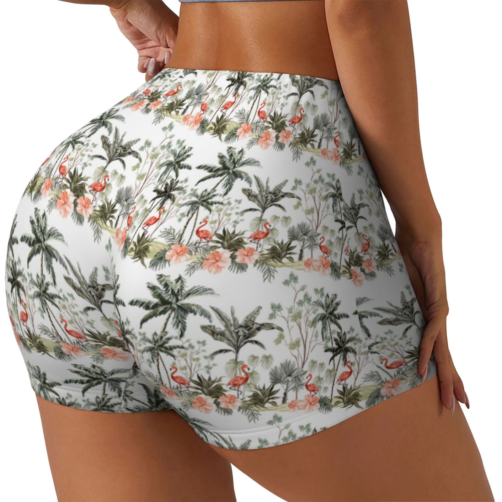 Junzan Flamingo Palm Trees Pattern Women Workout Impact Shorts,Scrunch ...