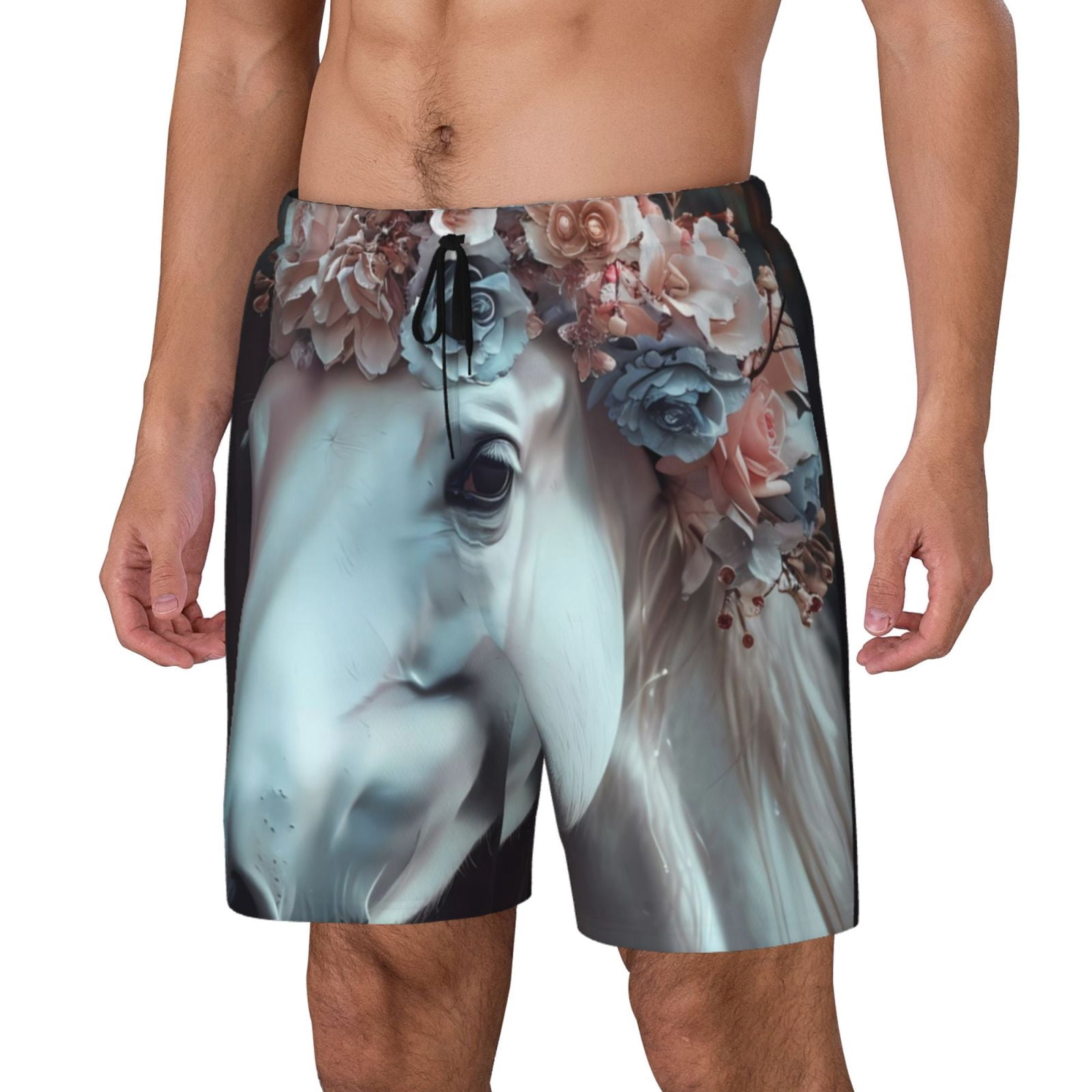 Junzan Flower Crown White Horse Print Swim Trunks Men Swim Shorts with ...
