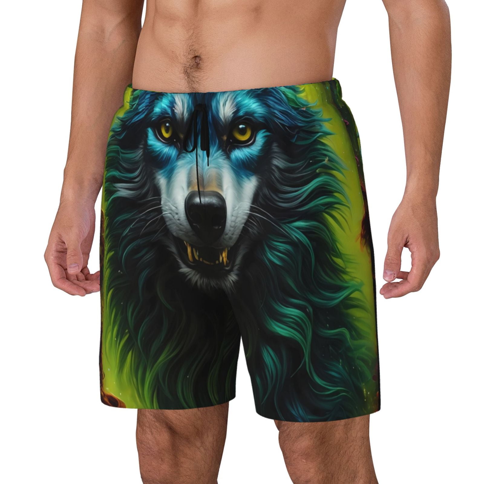 Junzan Fluorescent Wolf Print Swim Trunks Men Swim Shorts with Built-in ...
