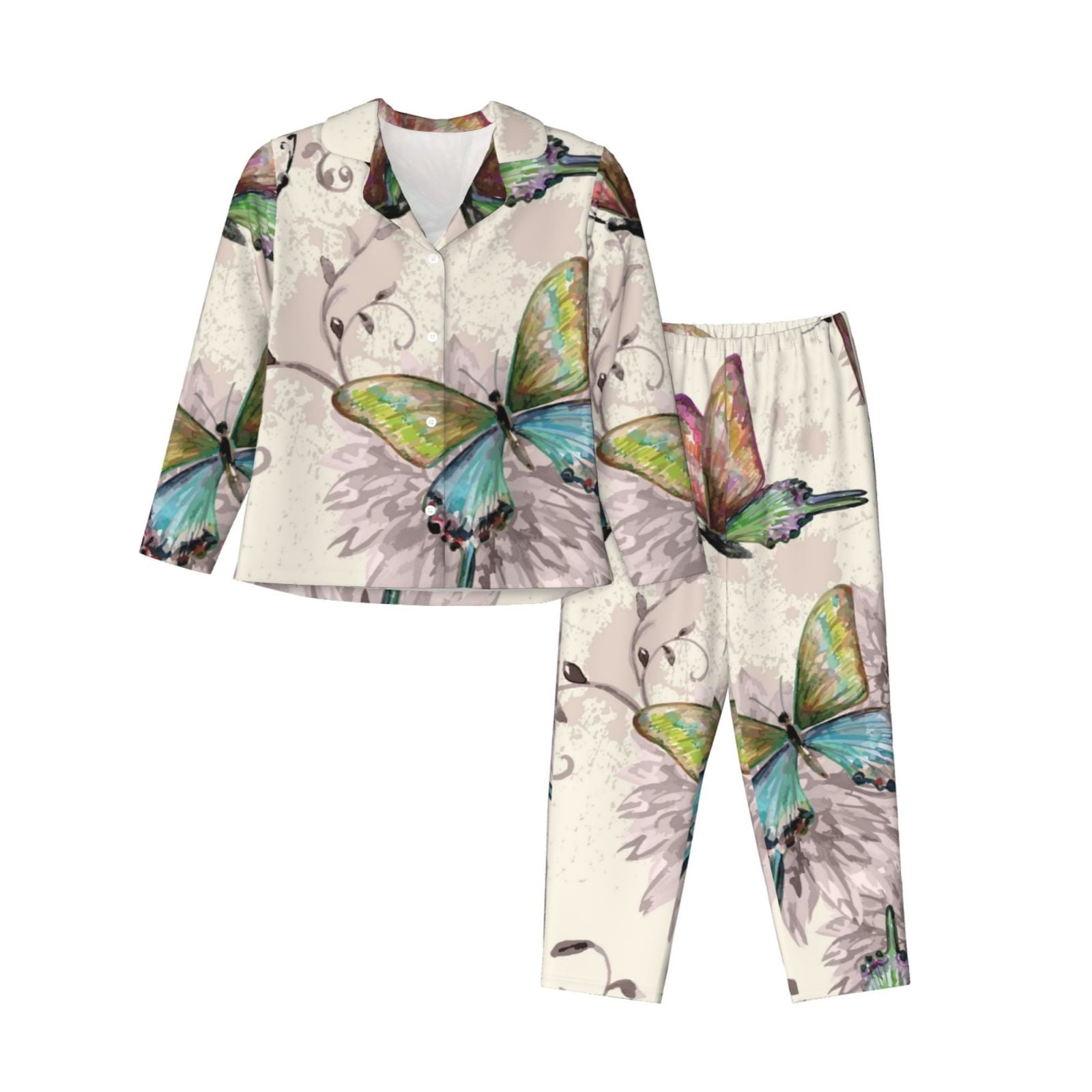 Junzan Flying Butterflies-1 Print Womens Pajama Sets,Long Sleeve Button ...