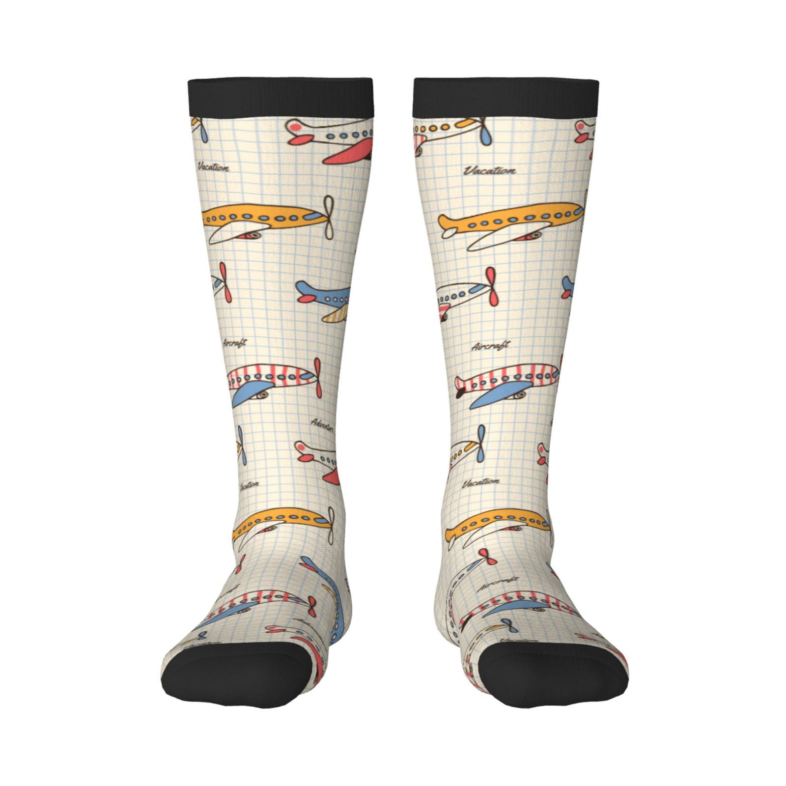 Junzan Fun Novelty Knee Warmer High Socks Striped Vintage Planes Design ...