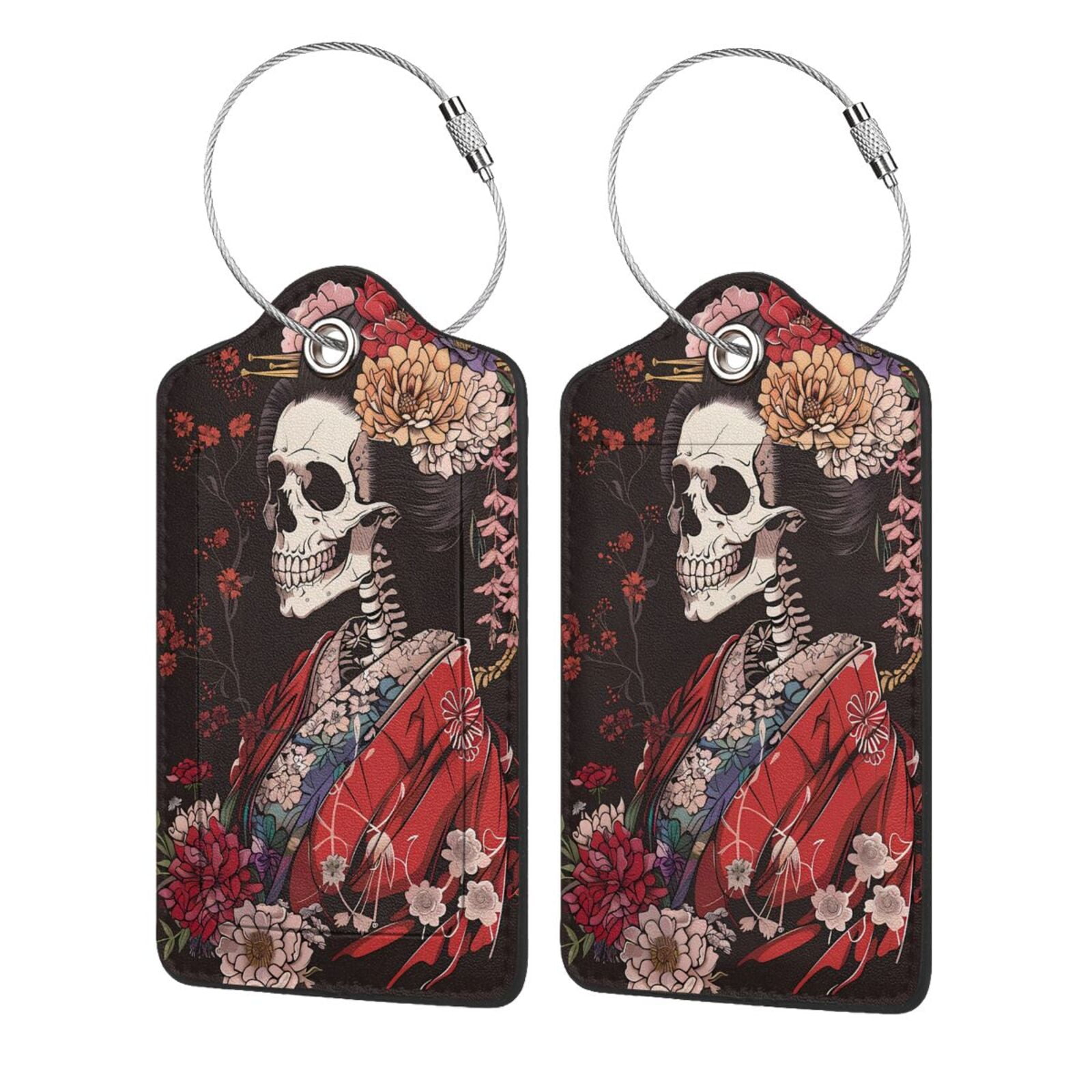 Junzan Geisha Skeleton With Flowers for Luggage Tags,Leather Luggage Tags for Suitcases Travel ...