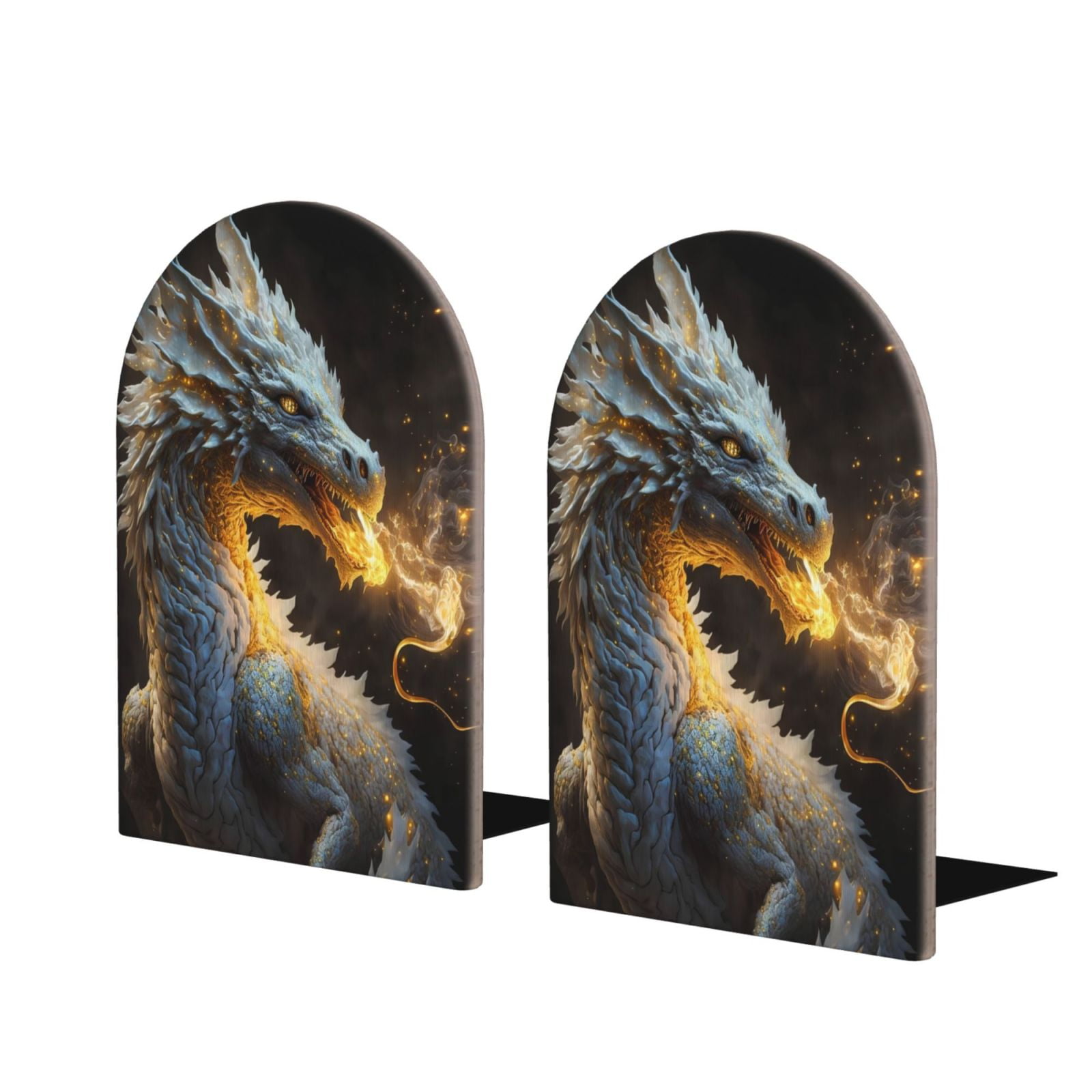 Junzan Golden White Fire Dragon for Wood Bookends,1 Pair Book Ends for ...