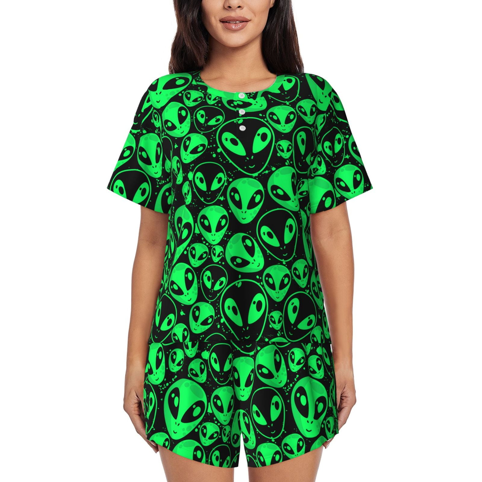 Junzan Green Monster Pattern Short-Sleeved Pajama Set for Women,2 Piece ...