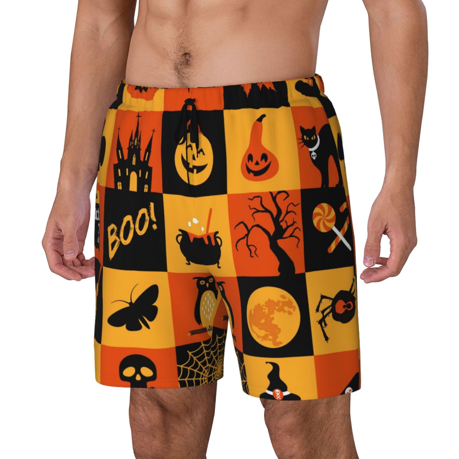 Junzan Halloween Banner Symbols Print Swim Trunks Men Swim Shorts with ...