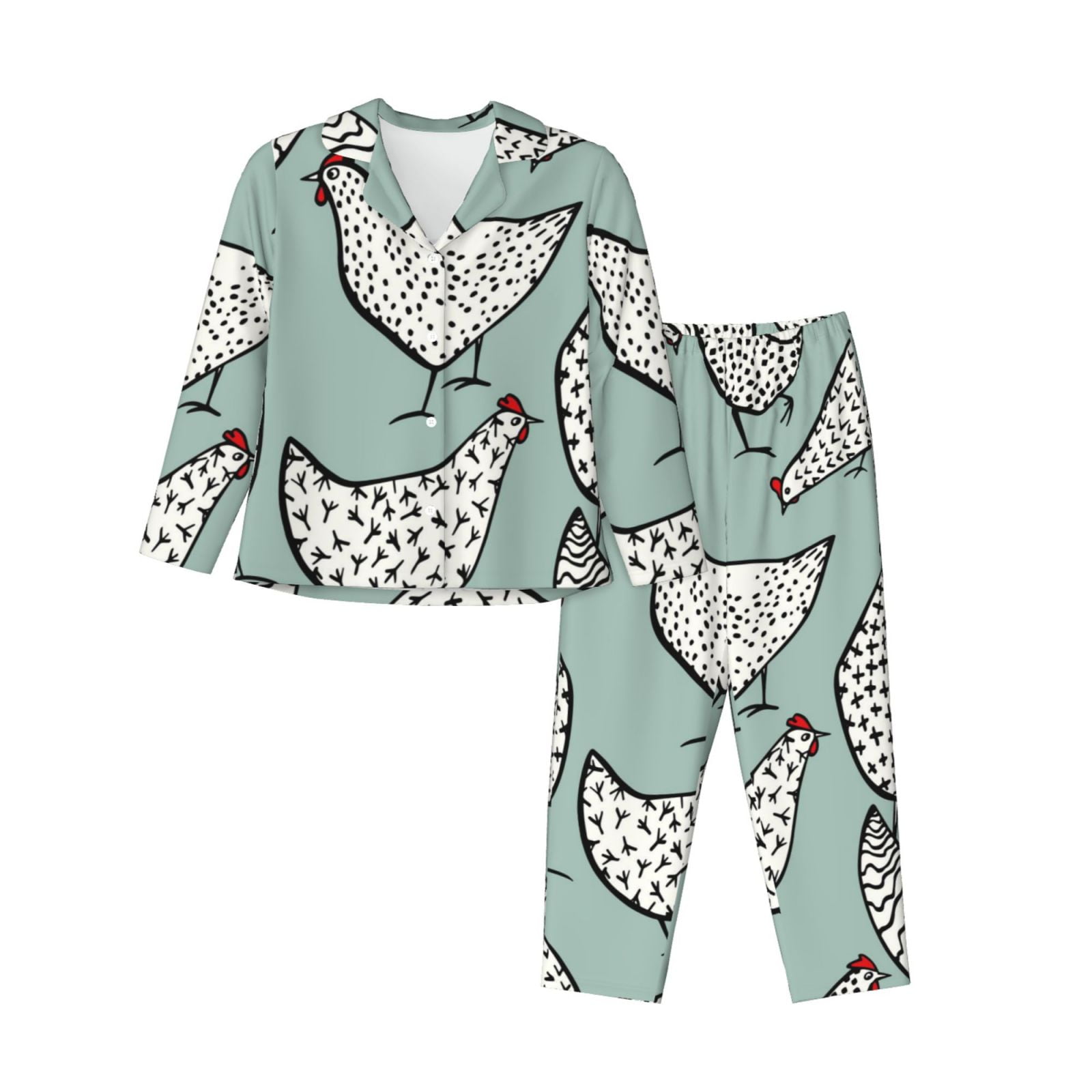 Junzan Hand Drawn Chickens Print Womens Pajama Sets,Long Sleeve Button ...