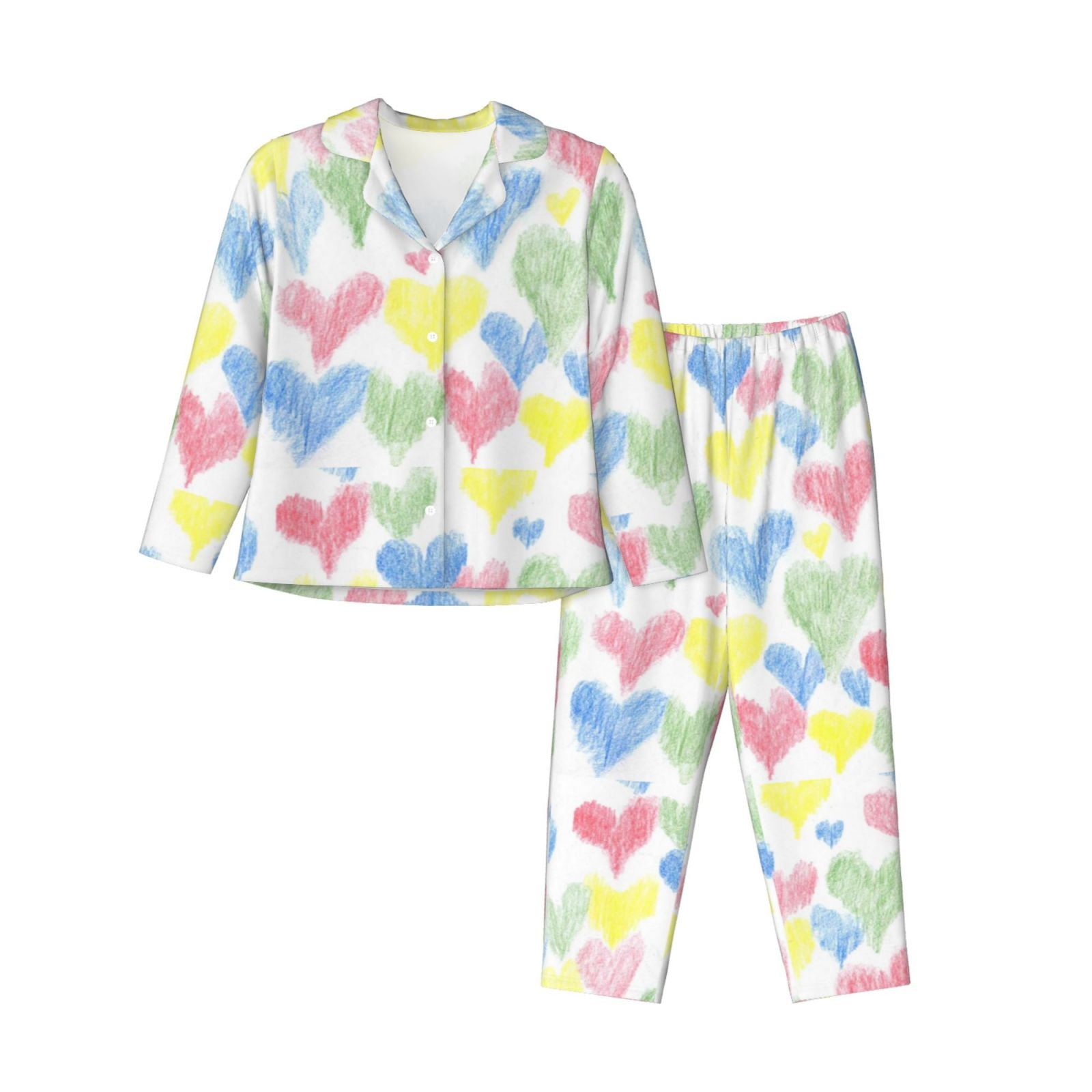Junzan Hand Drawn Colored Hearts Print Womens Pajama Sets,Long Sleeve ...