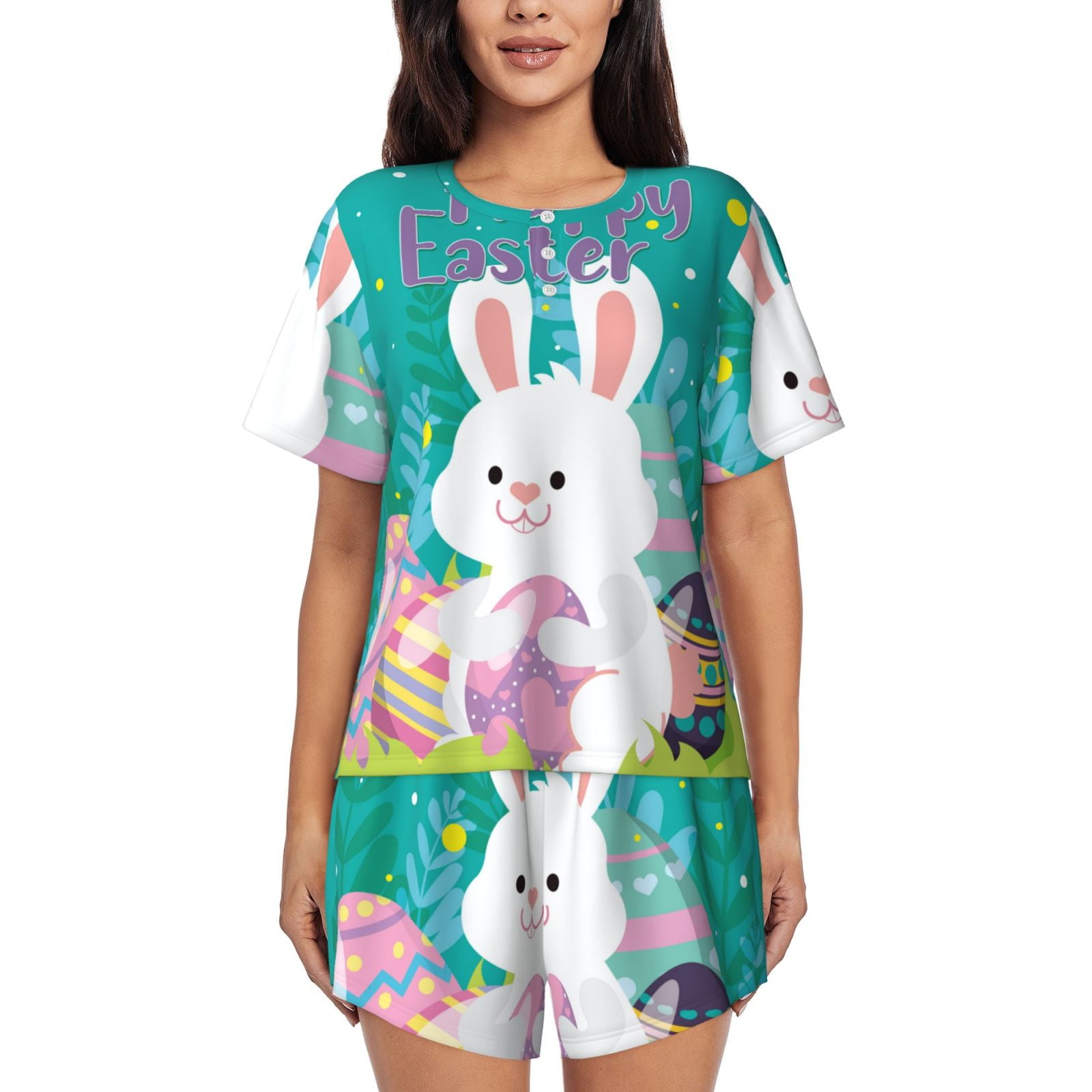 Junzan Happy easter Pattern Short-Sleeved Pajama Set for Women,2 Piece ...