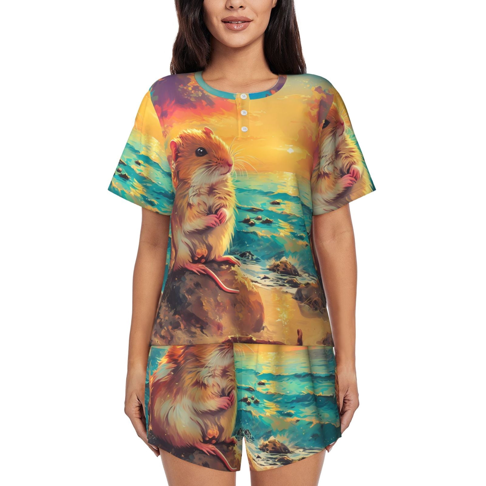 Junzan Island Beach Guinea Pig for Short-Sleeved Pajama Set for Women,2 ...