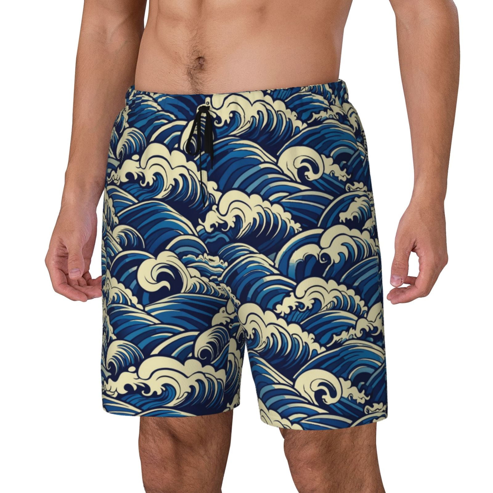 Junzan Japanese Water Wave Print Swim Trunks Men Swim Shorts with Built ...