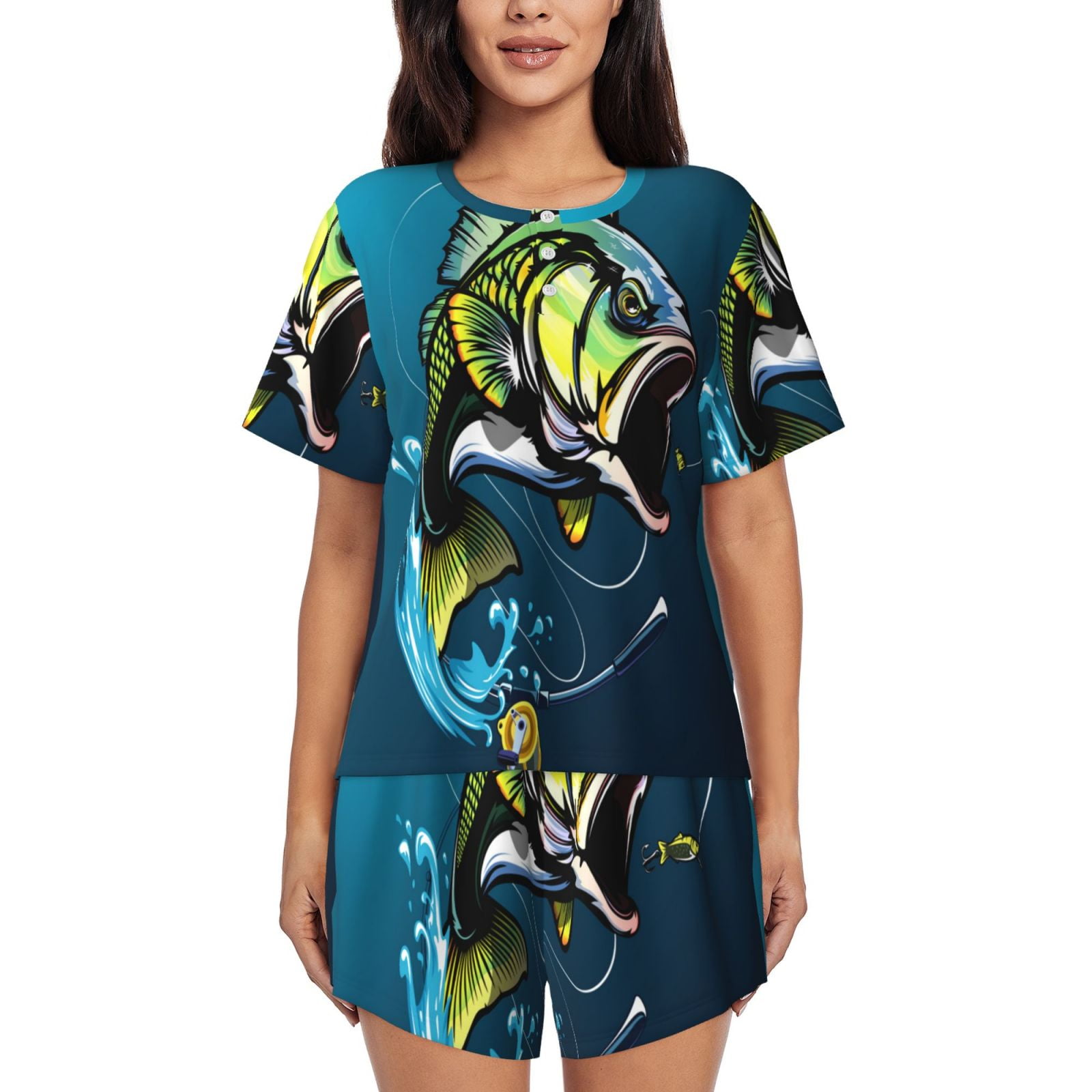Junzan Largemouth Bass Fish Pattern Short-Sleeved Pajama Set for Women ...