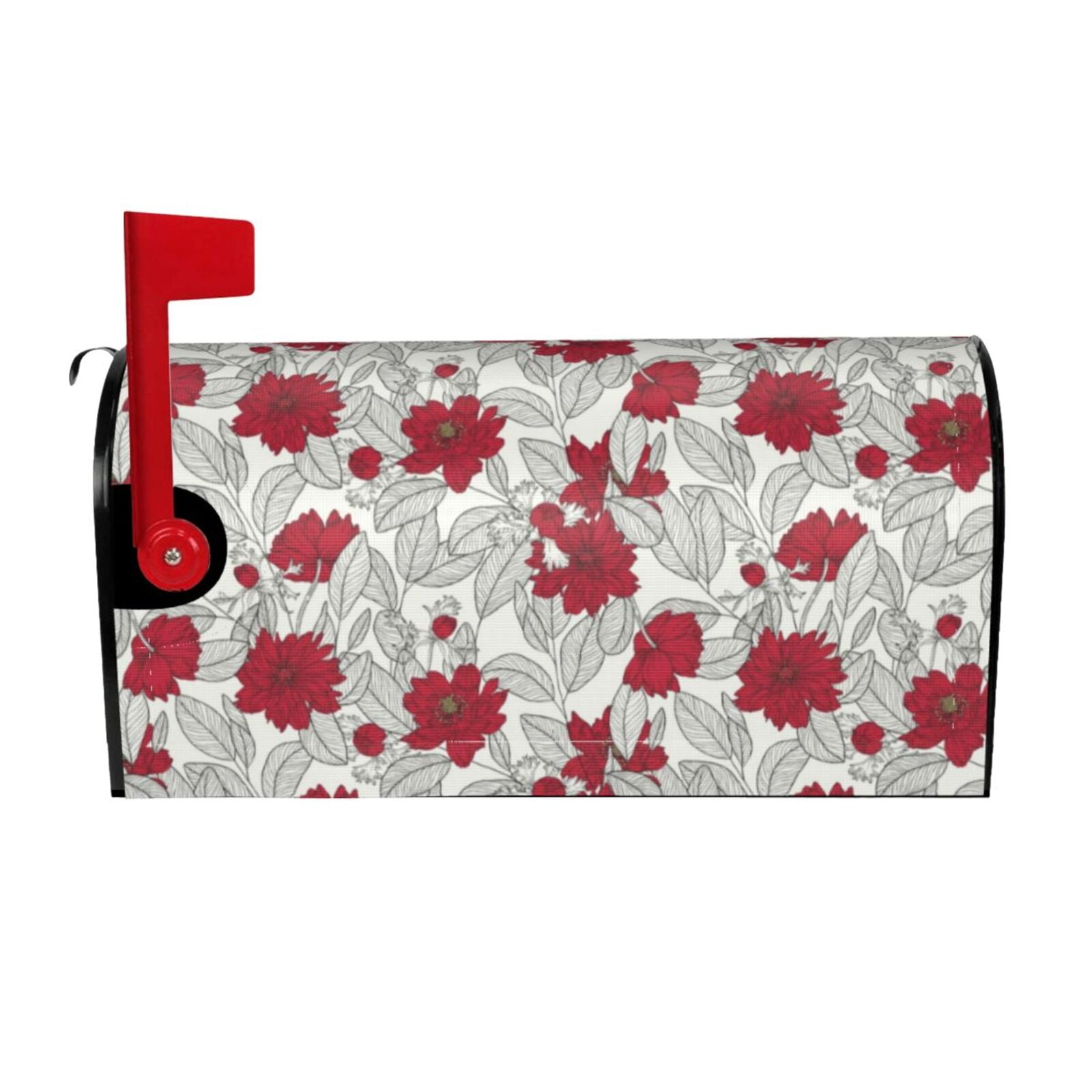 Junzan Leaves And Anemone Flowers In Red Grey Pattern Mailbox Covers ...