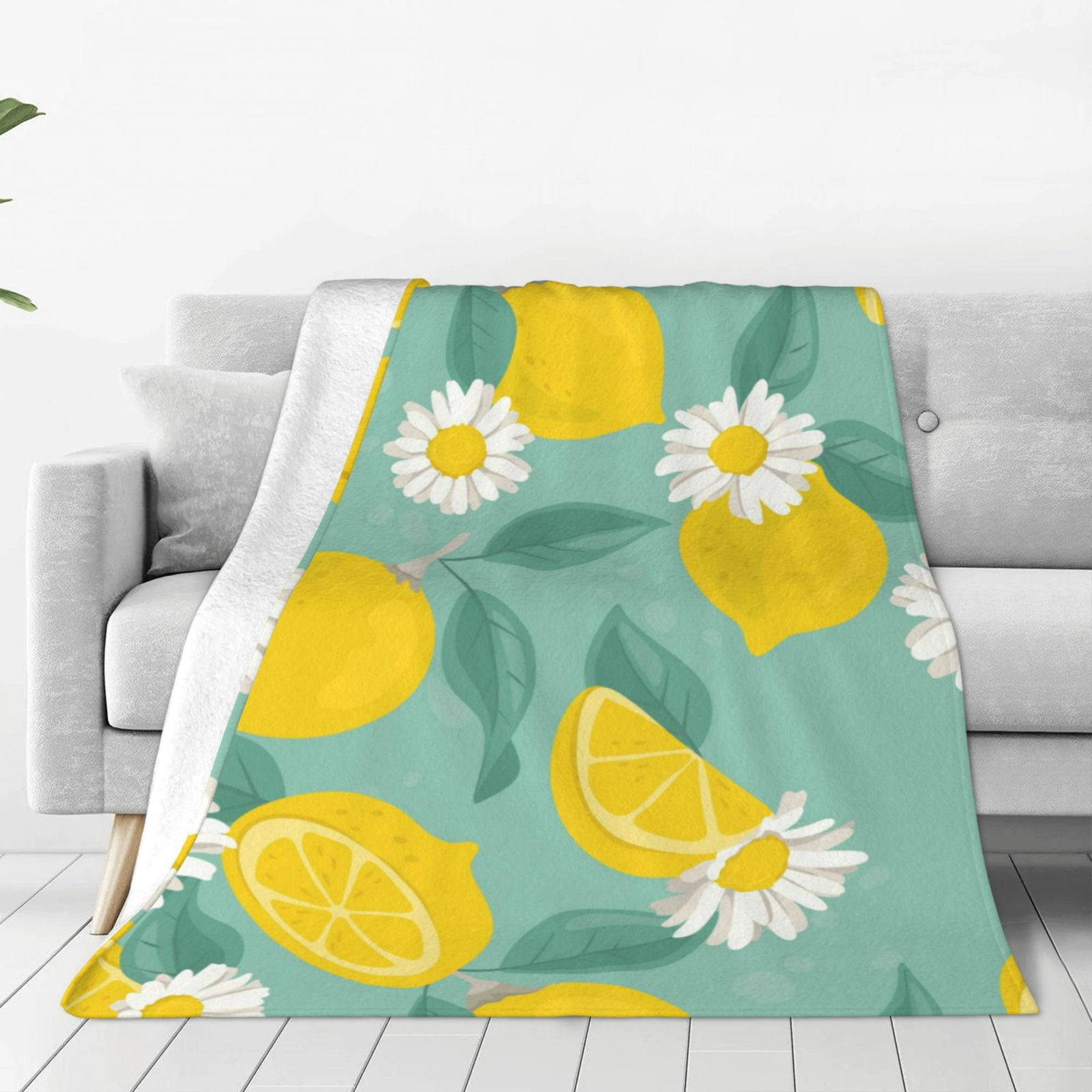 Junzan Lemons Chamomile Flowers And Leaves Print Flannel Fleece Blanket ...