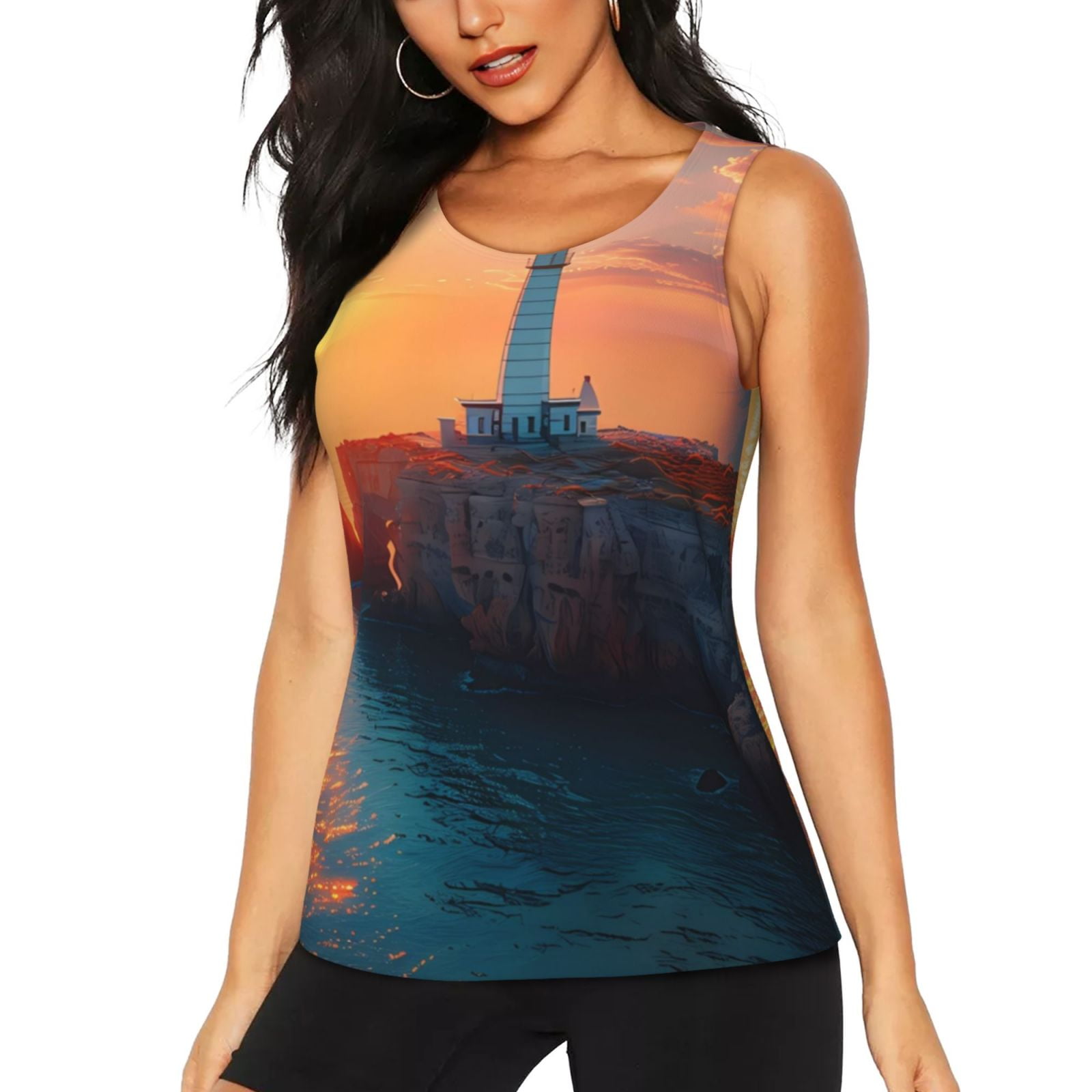 Junzan Lighthouse At Sunset Coast Pattern Workout Tank Tops for Women ...