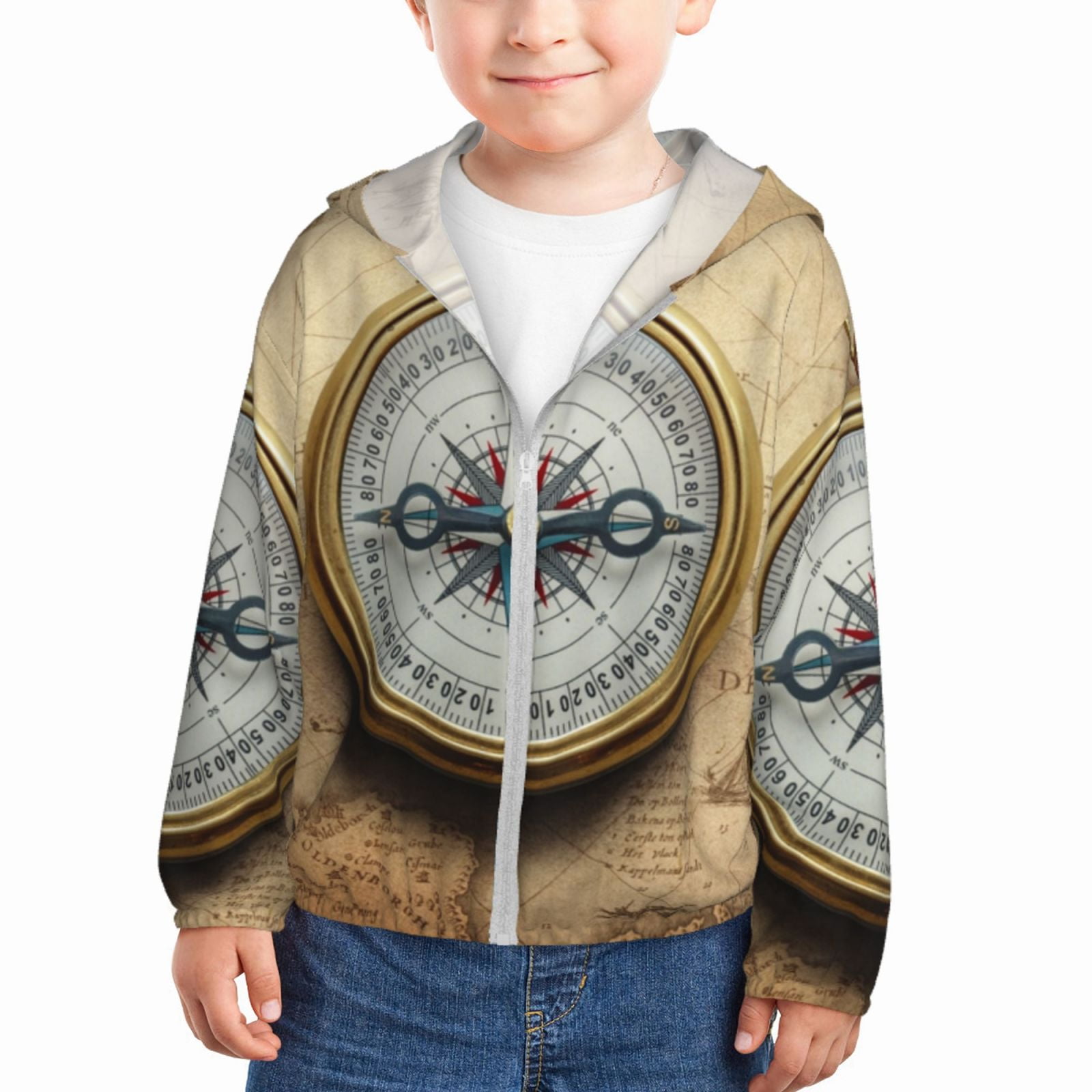 Junzan Magnetic Old Compass On World Map for Kids Sun Protection Hoodie ...