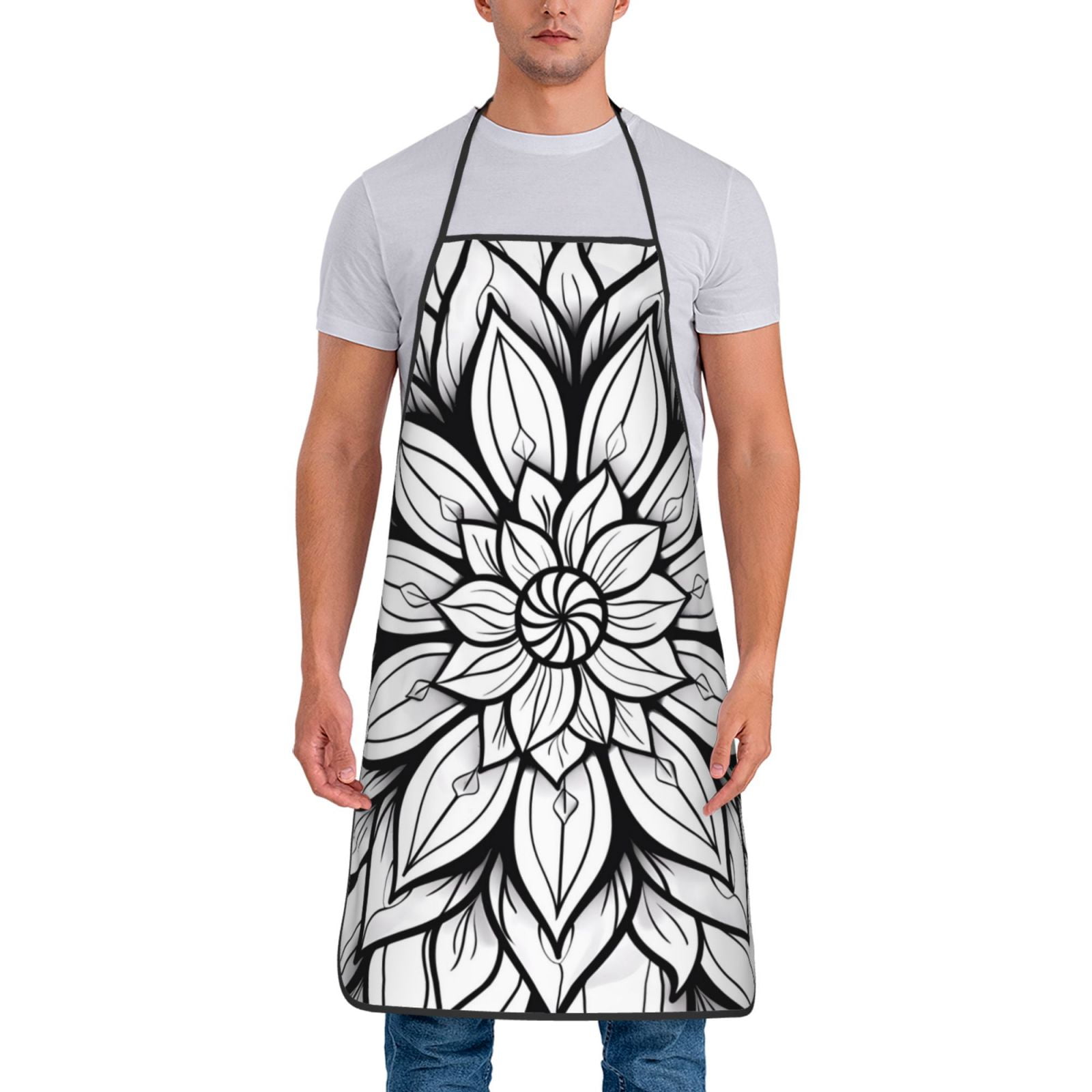 Junzan Mandala Floral Line Art Print Kitchen Cooking Aprons, Chef Apron ...