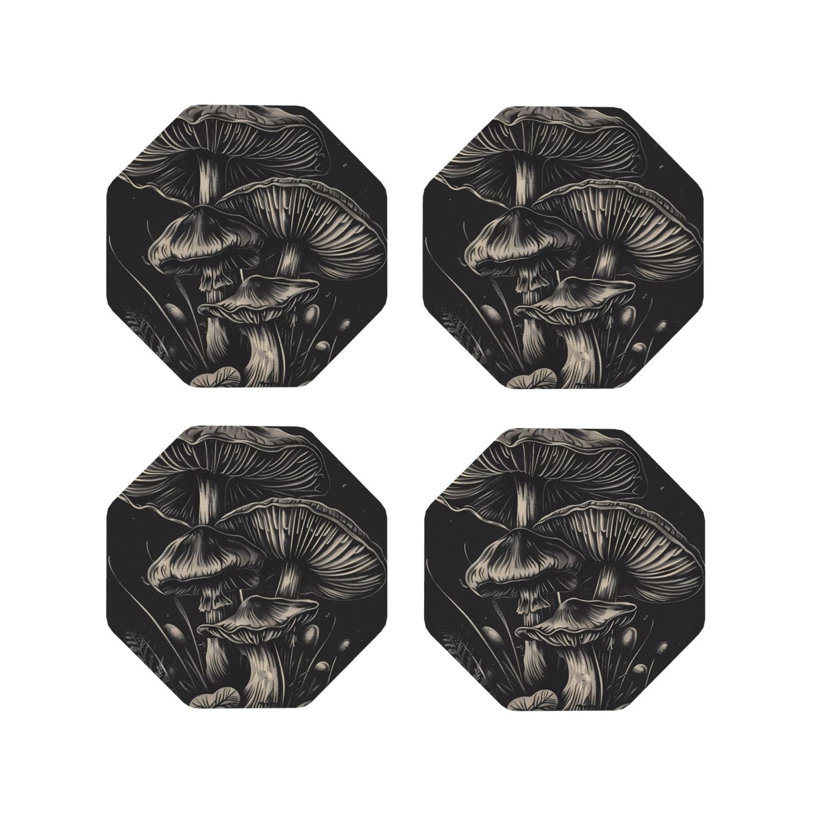 Junzan Monochrome Mushroom Artwork Print Coasters for Drinks - Leather ...