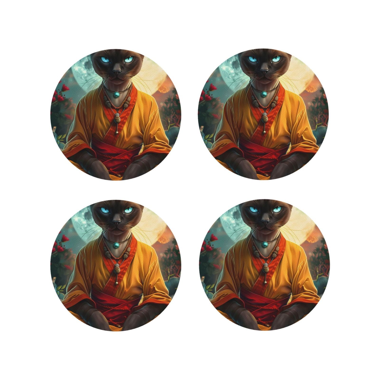 Junzan Moonlit Hairless Cat Monk Print Coasters for Drinks - Leather ...