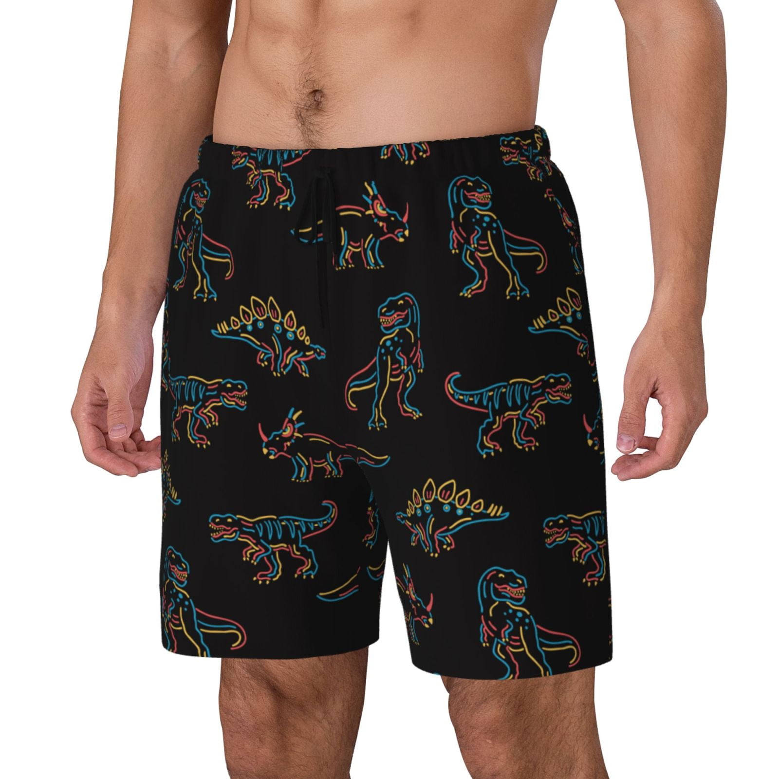 Junzan Neon Dinosaur Print Swim Trunks Men Swim Shorts with Built-in ...