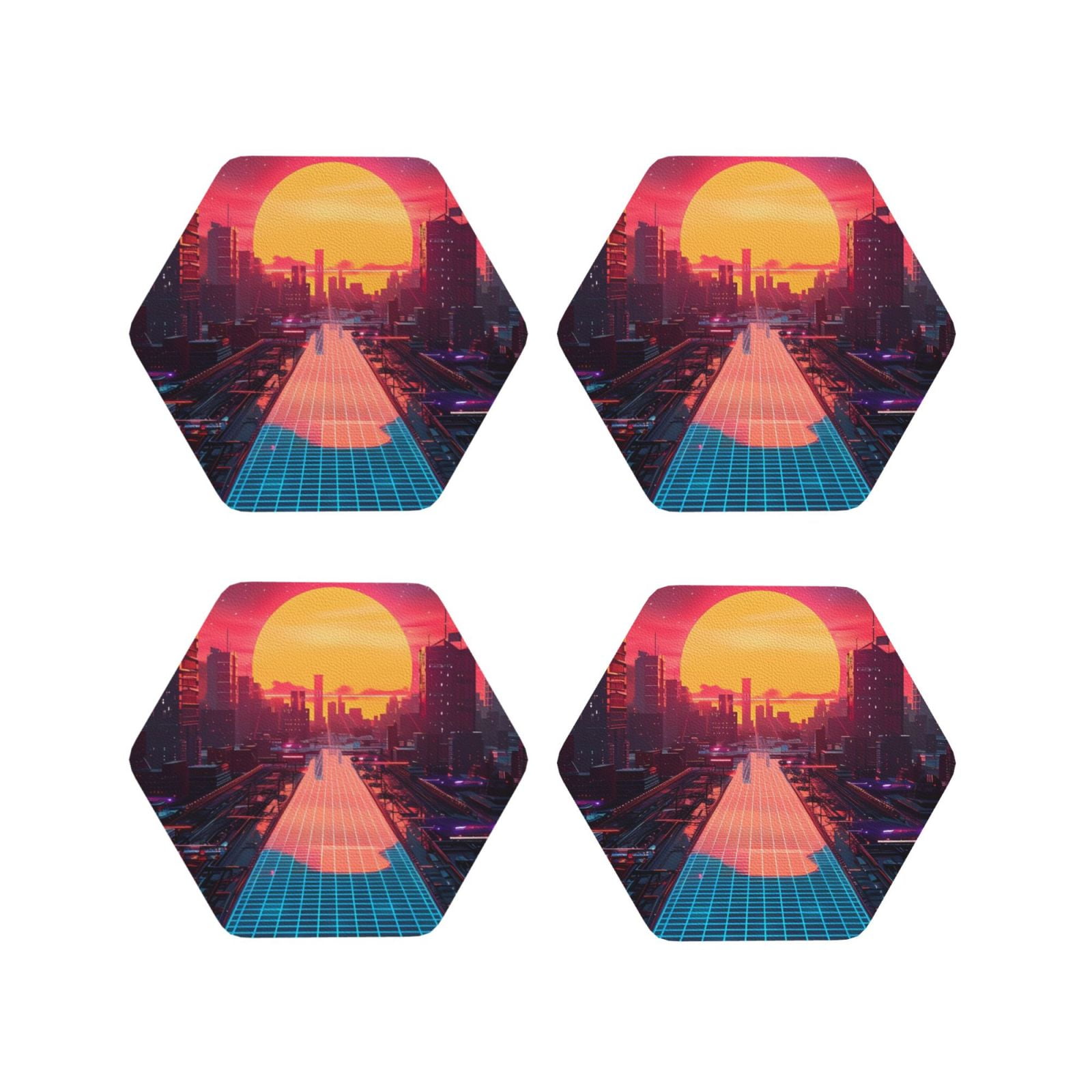 Junzan Neon Sunset Cyberpunk Cityscape Print Coasters for Drinks ...