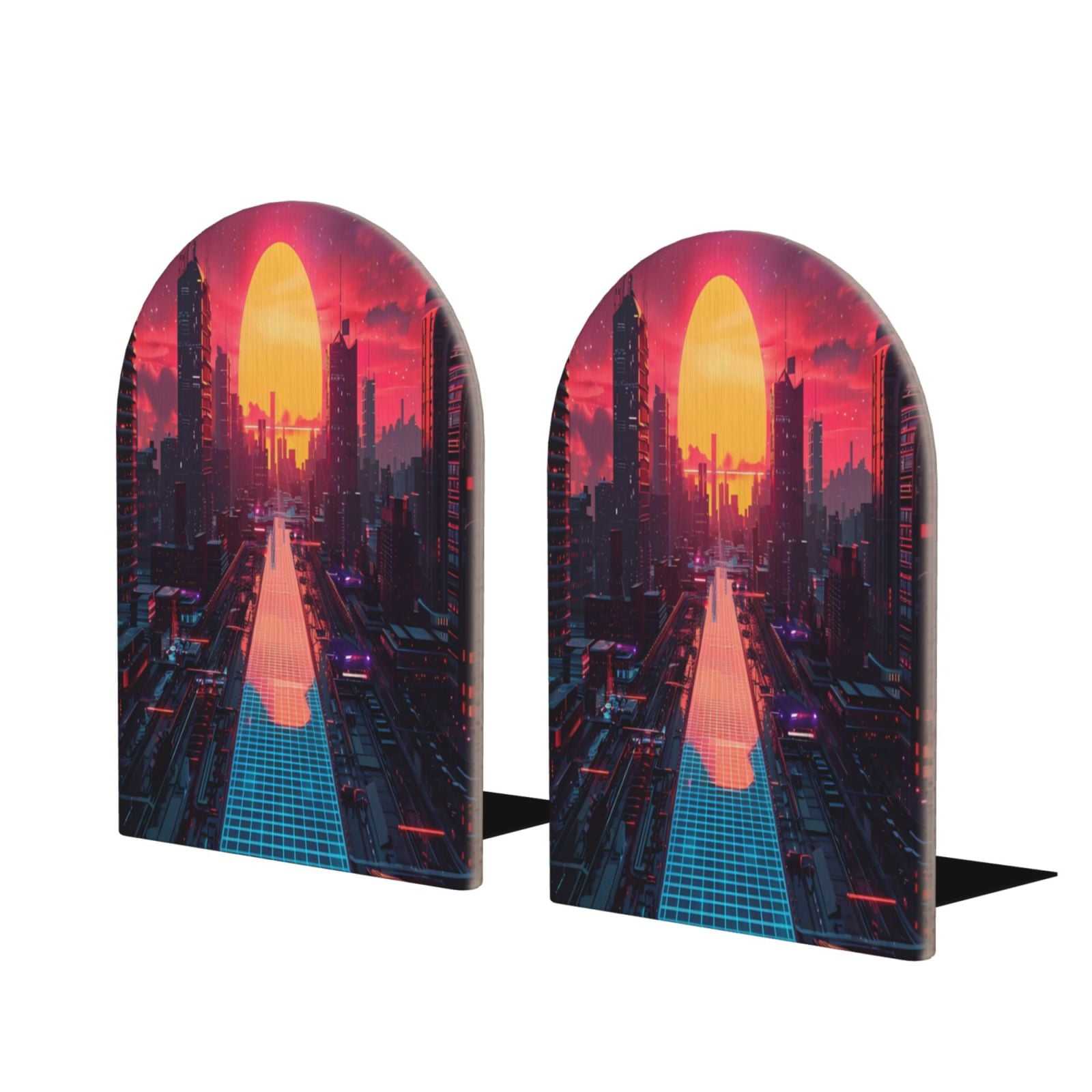 Junzan Neon Sunset Cyberpunk Cityscape for Wood Bookends,1 Pair Book ...