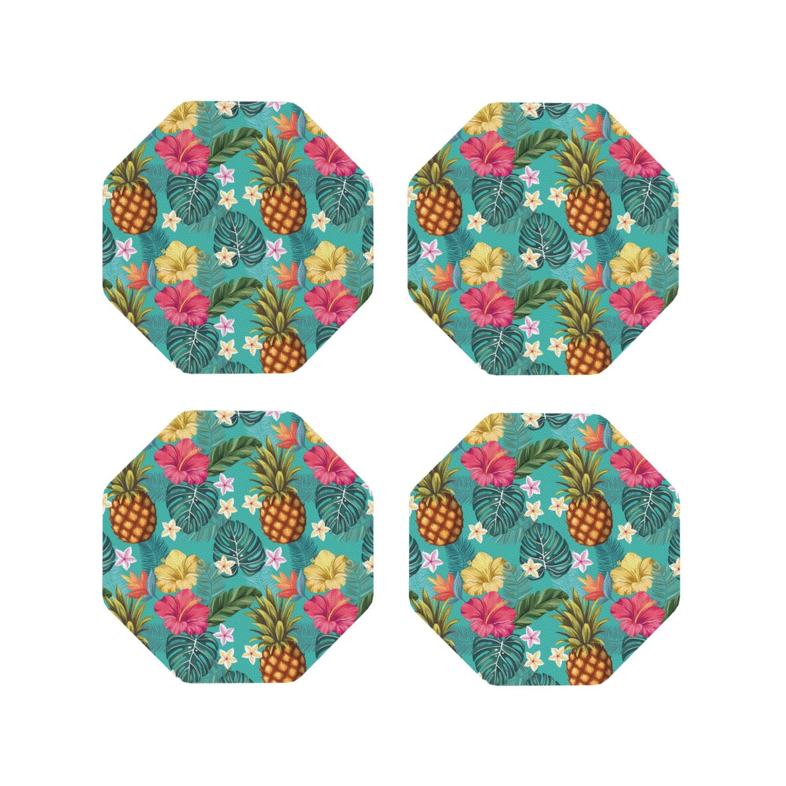 Junzan Pineapple Print Coasters for Drinks - Leather Coasters Set of 4 ...