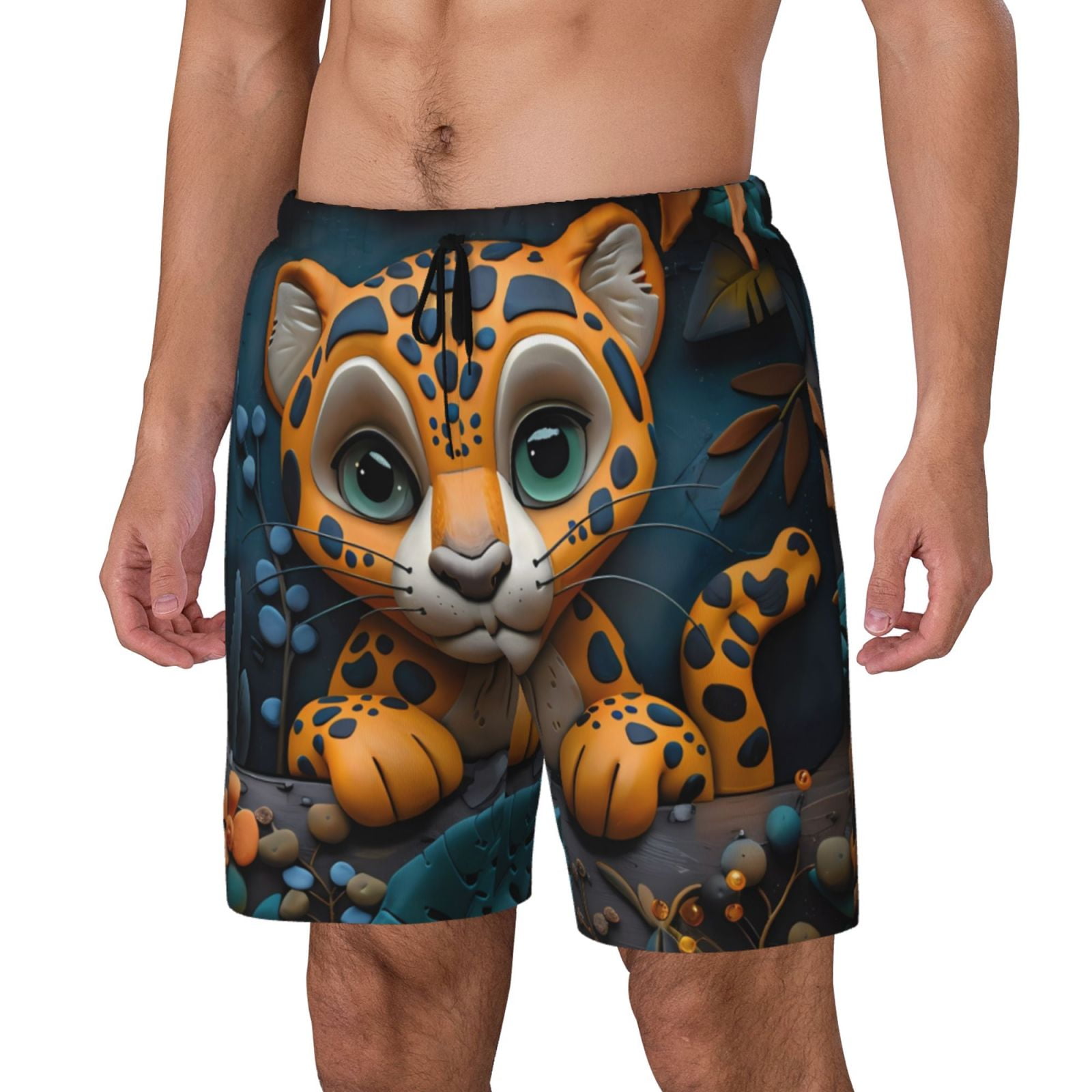 Junzan Playful Leopard Art Print Swim Trunks Men Swim Shorts with Built ...