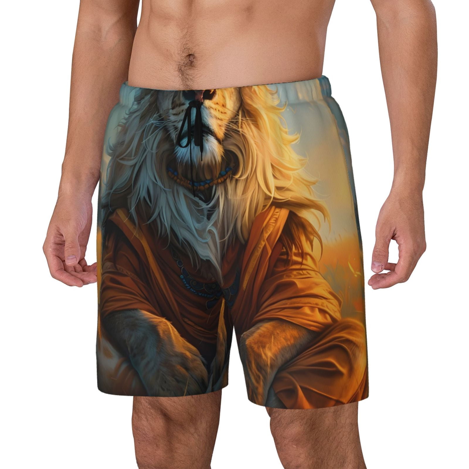 Junzan Prairie Meditating Lion Print Swim Trunks Men Swim Shorts with ...