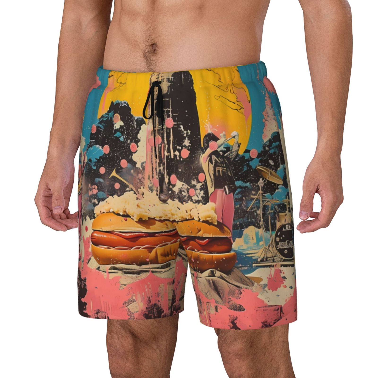 Junzan Psychedelic Band Hotdog Art Print Swim Trunks Men Swim Shorts with Built-in Compression ...