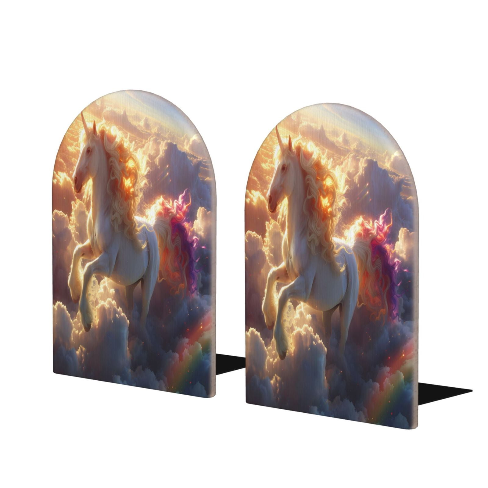 Junzan Rainbow Cloud White Horse for Wood Bookends,1 Pair Book Ends for ...