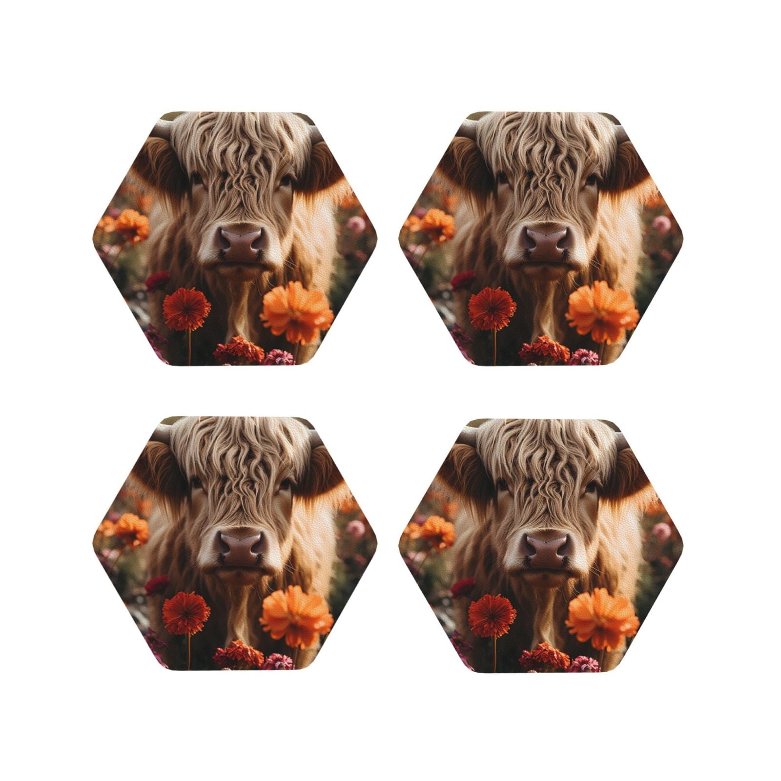 Junzan Realistic Flower Cow Print Coasters for Drinks - Leather ...