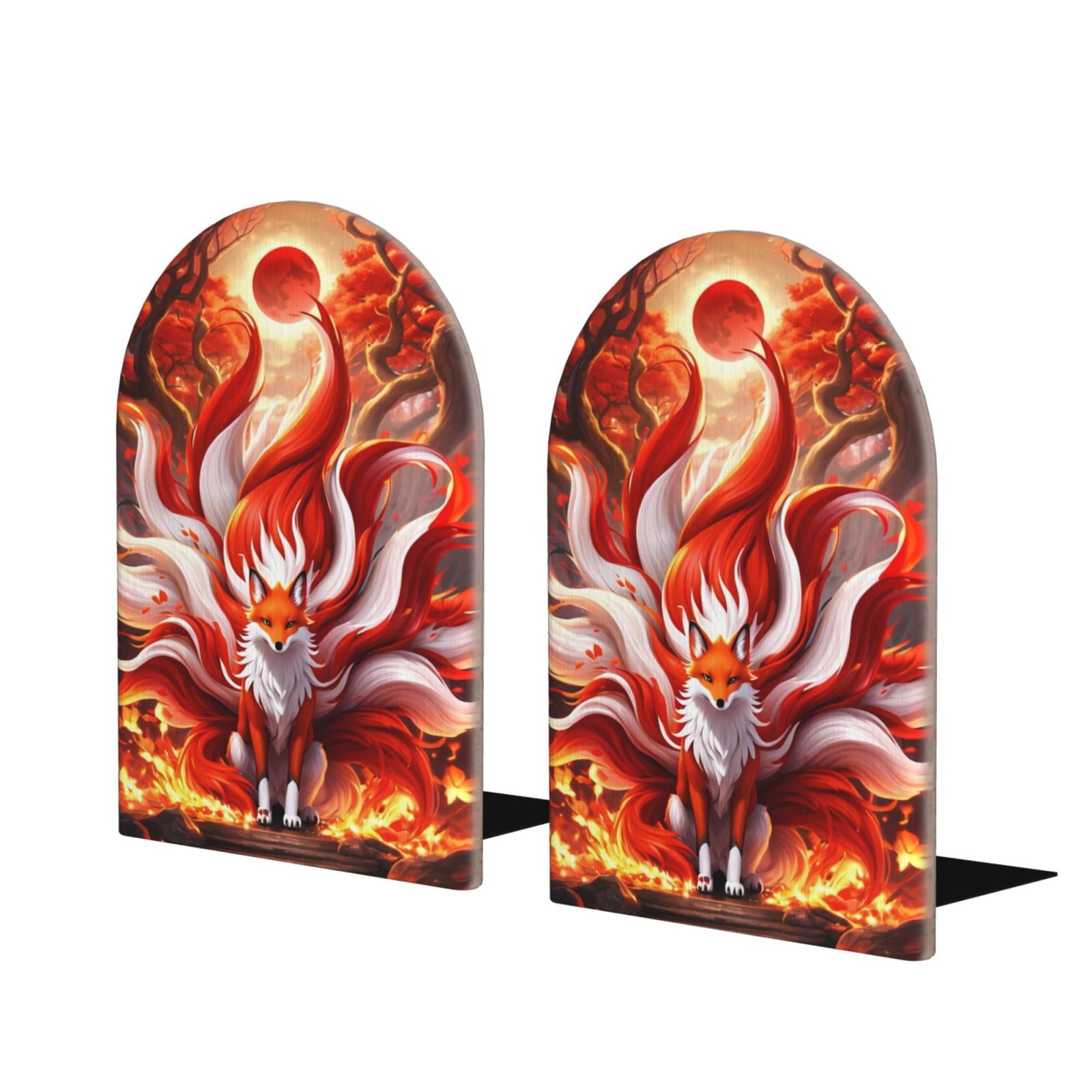 Junzan Red Sun Flame Fox for Wood Bookends,1 Pair Book Ends for Shelves ...