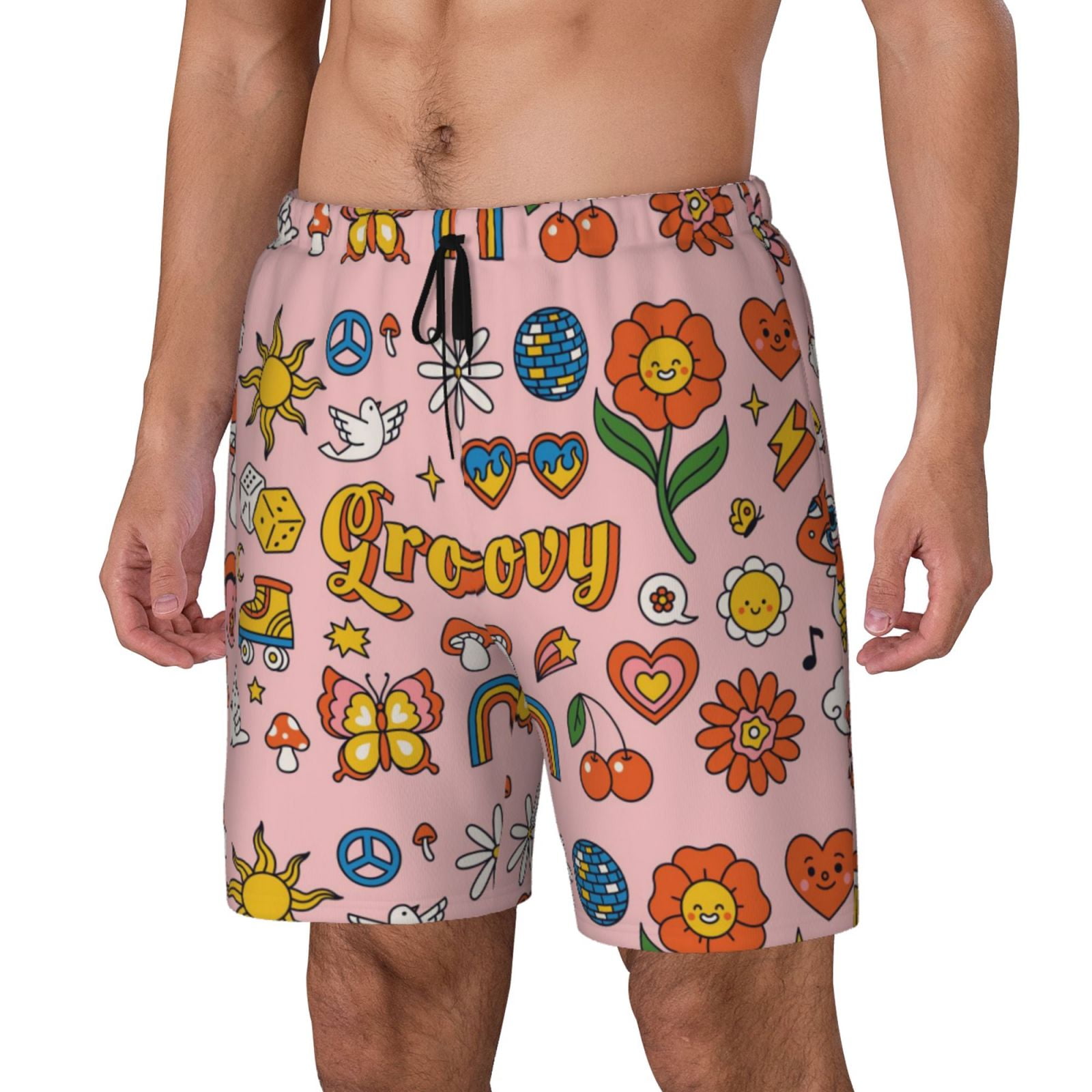 Junzan Retro 70s Hippie Print Swim Trunks Men Swim Shorts with Built-in ...