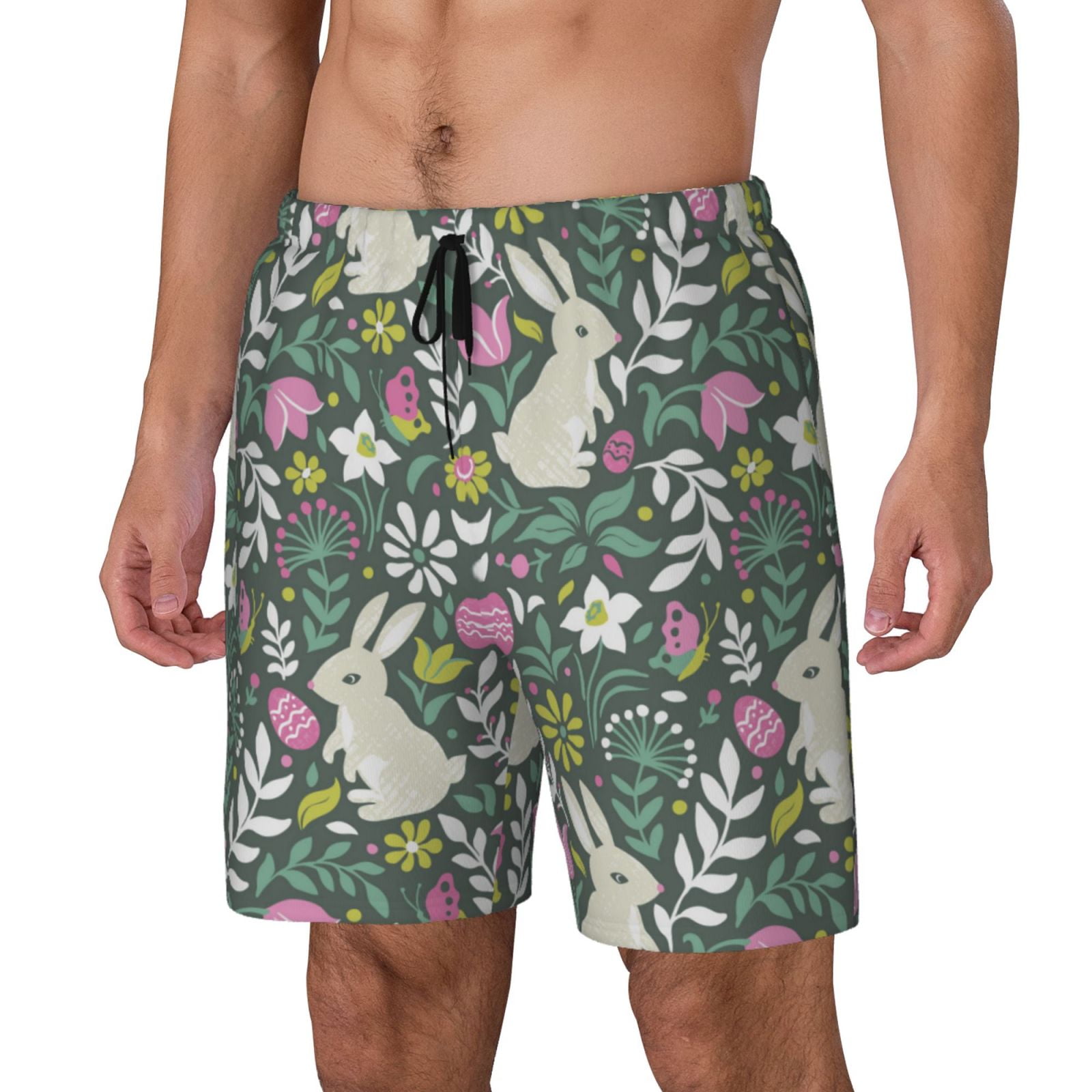 Junzan Retro Bunny Floral Print Swim Trunks Men Swim Shorts with Built ...