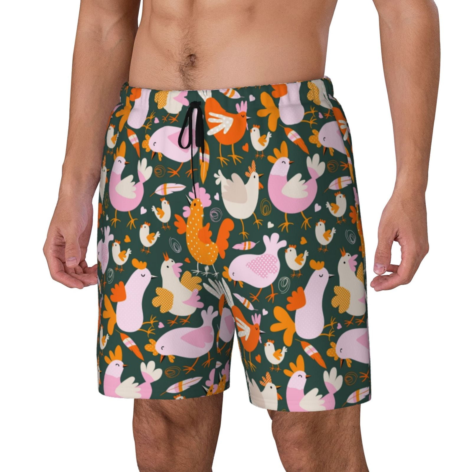 Junzan Roosters and Chicks Print Swim Trunks Men Swim Shorts with Built ...
