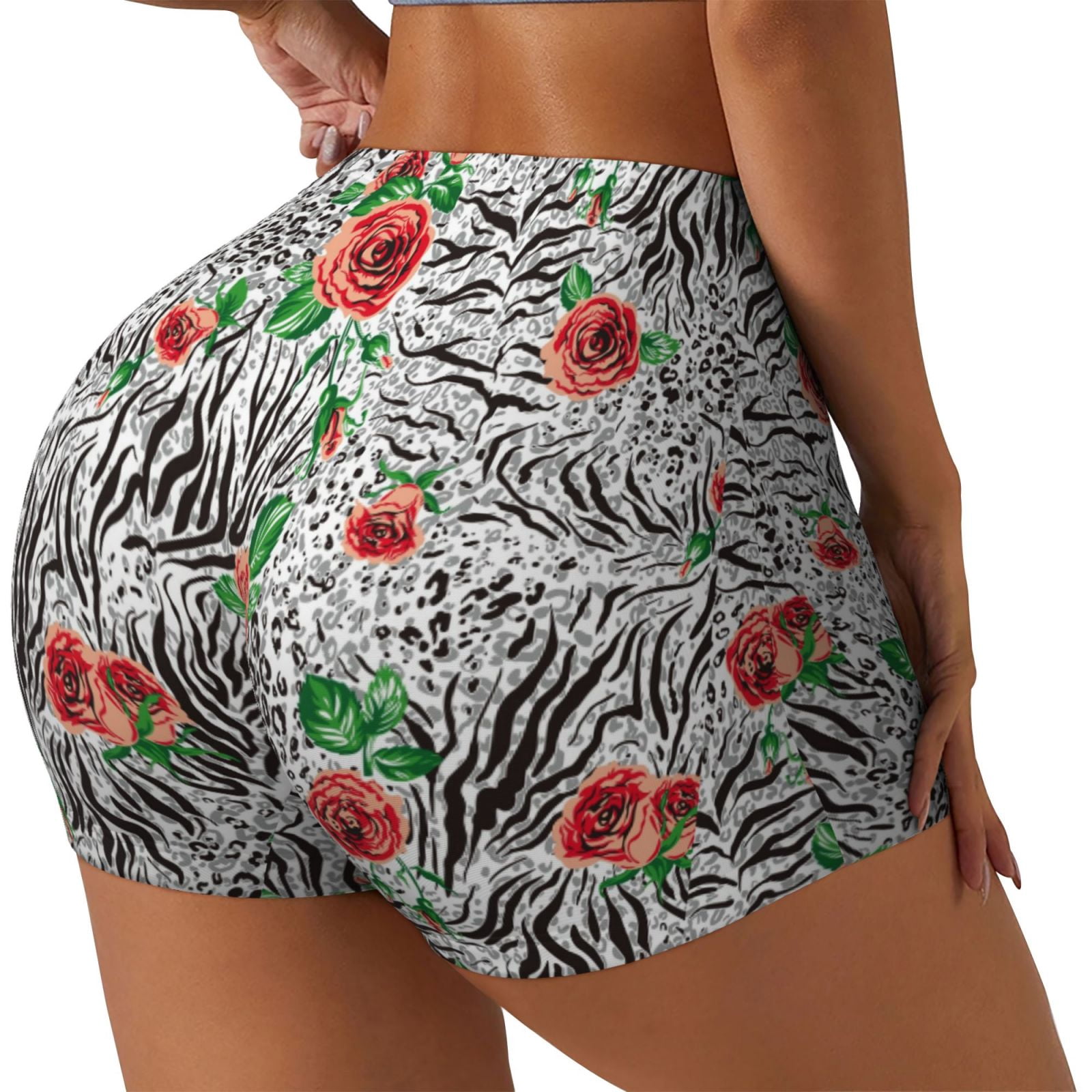Junzan Roses Mixed Zebra 1 Pattern Women Workout Impact Shorts,Scrunch ...