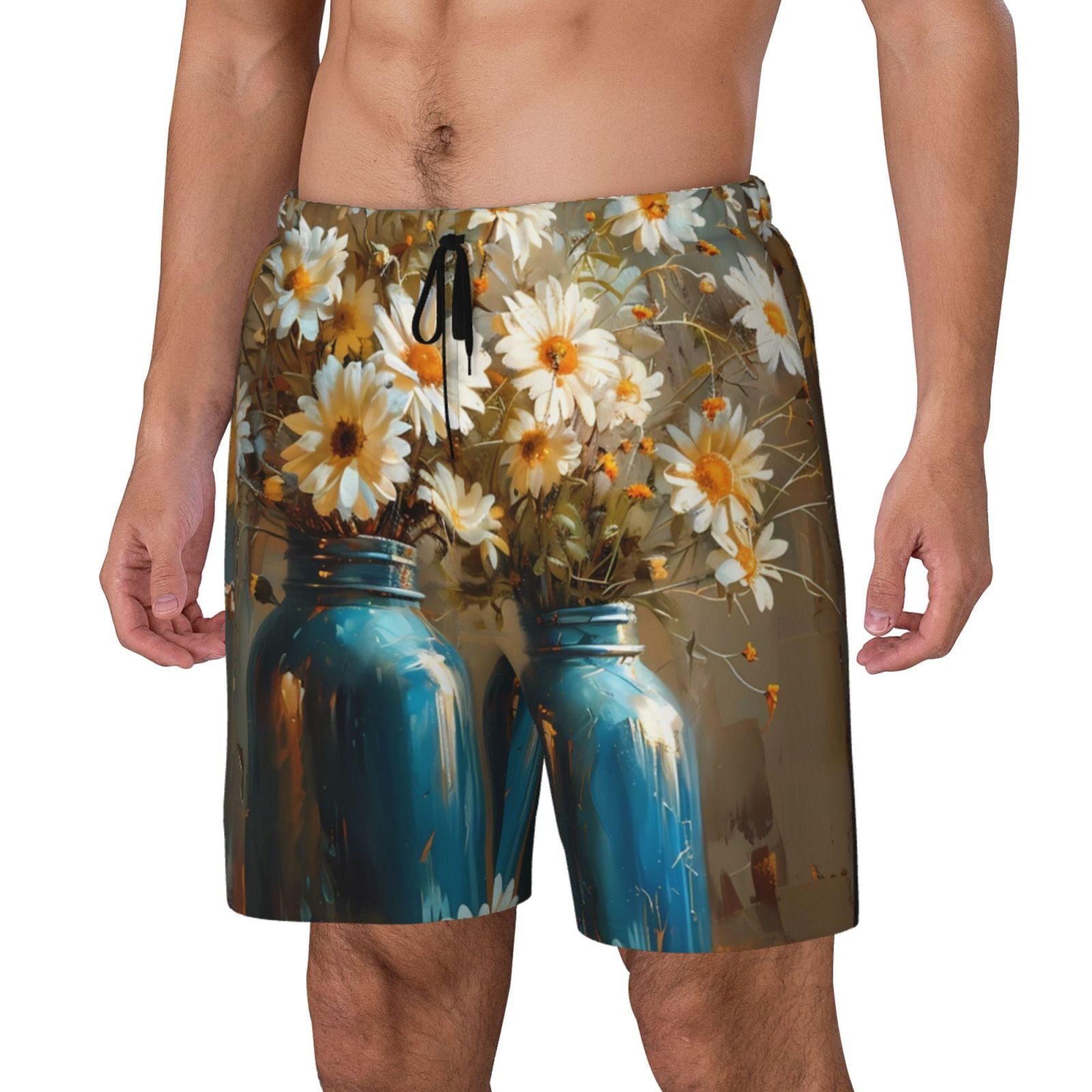 Junzan Rustic Daisy Mason Jars Print Swim Trunks Men Swim Shorts with ...