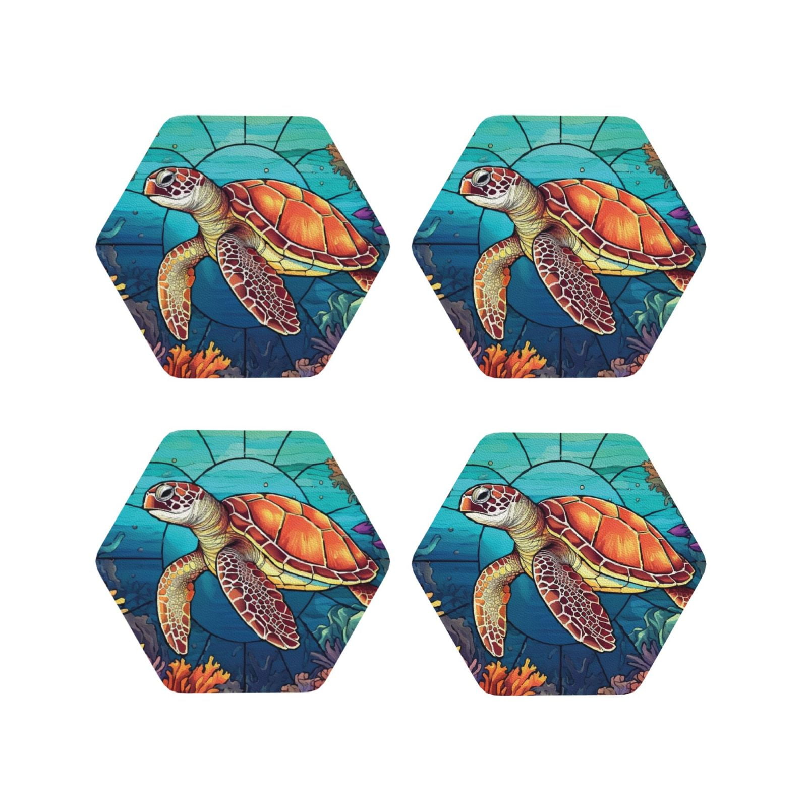 Junzan Sea Turtle in Coral Print Coasters for Drinks - Leather Coasters ...