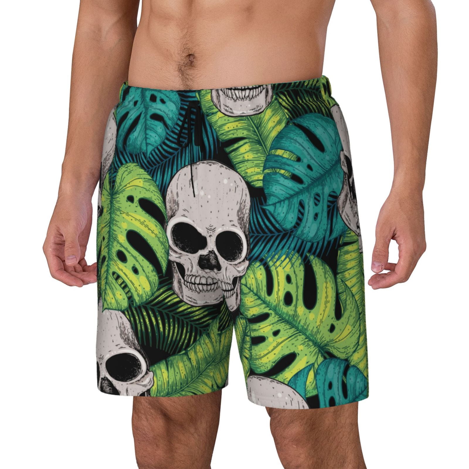 Junzan Skull and Palm Leaves Print Swim Trunks Men Swim Shorts with ...