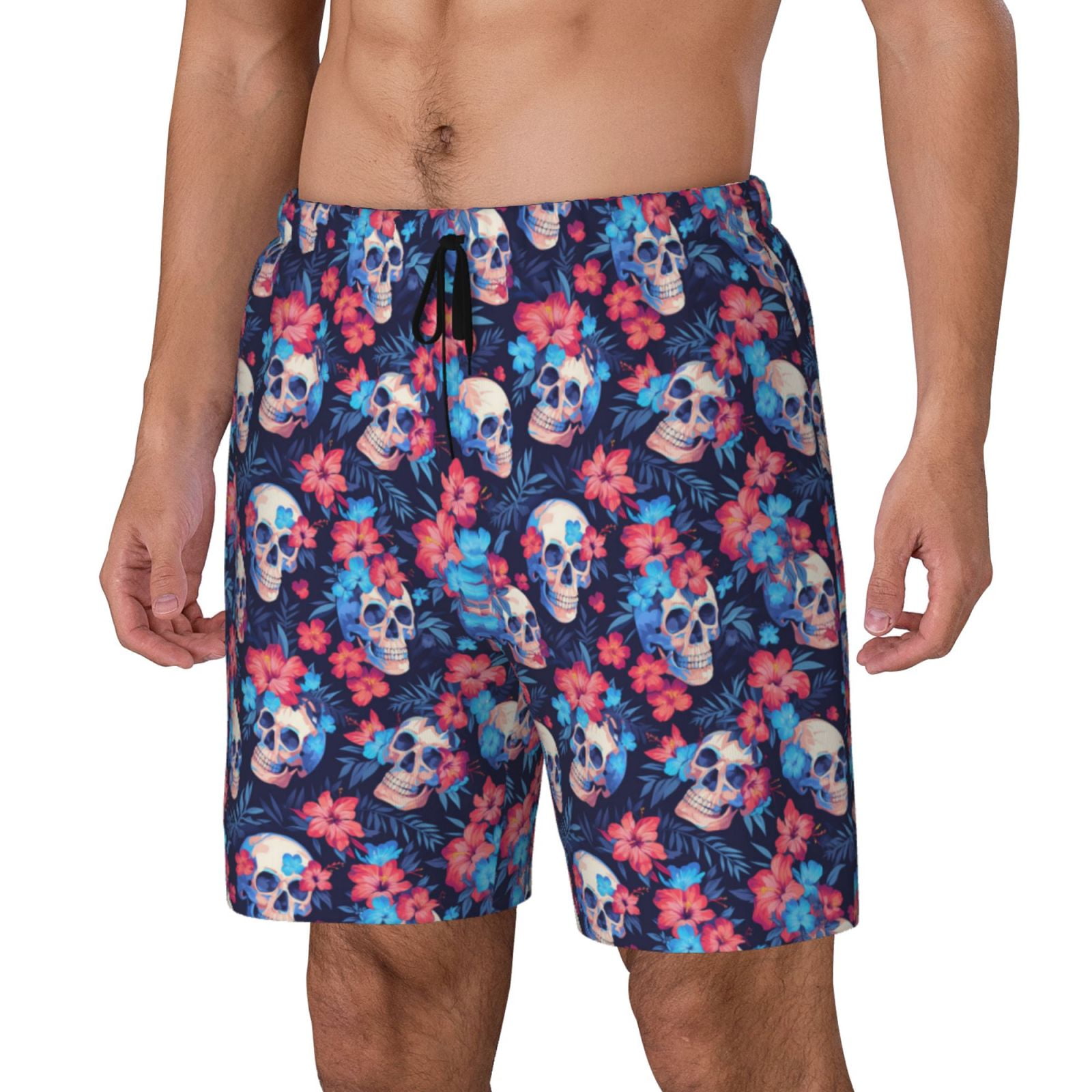 Junzan Skull flower blue Print Swim Trunks Men Swim Shorts with Built ...