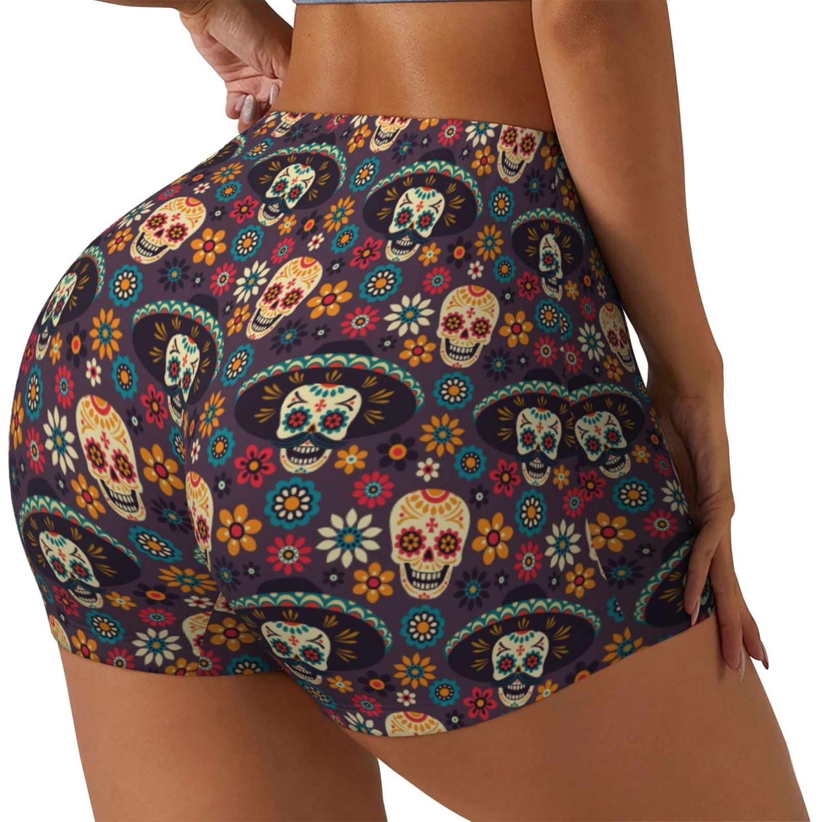 Junzan Skulls and Flowers Pattern Women Workout Impact Shorts,Scrunch Short Gym Yoga Running ...